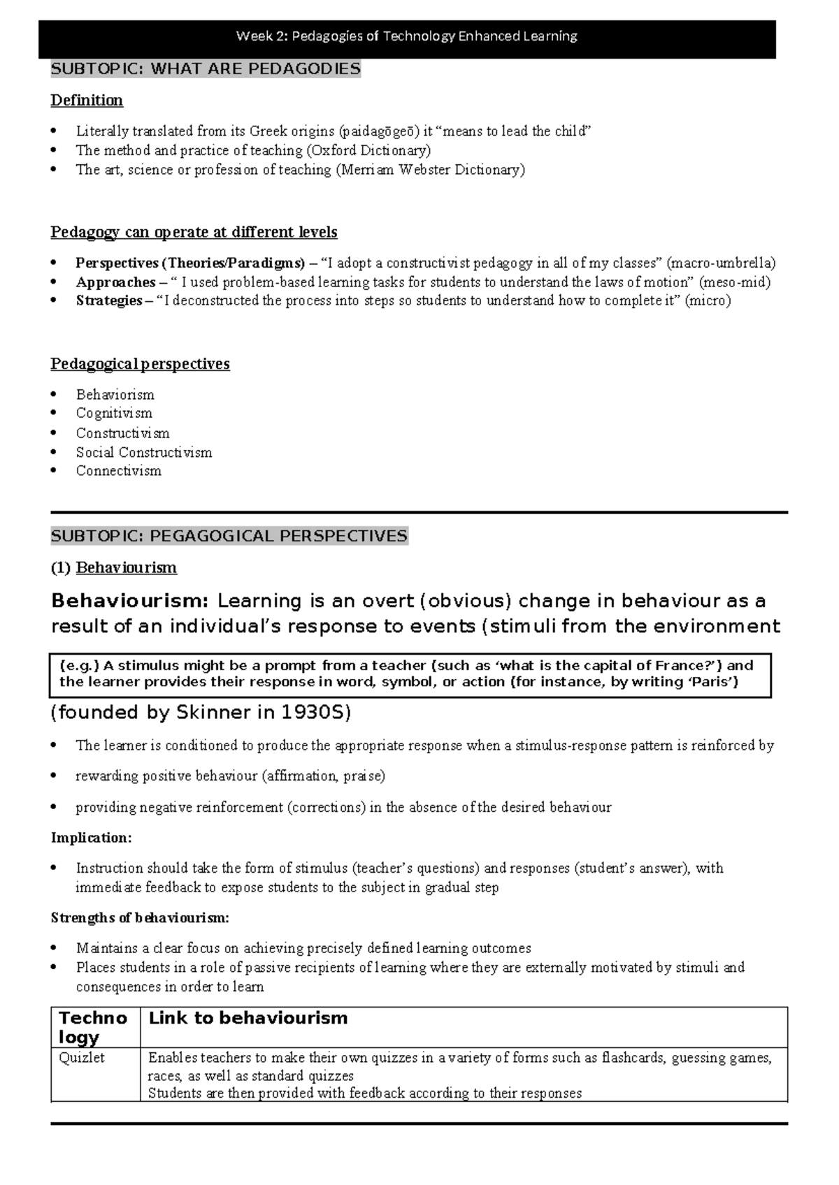 Lecture 3 - Pedagogies - Detailed notes for summarising - SUBTOPIC ...