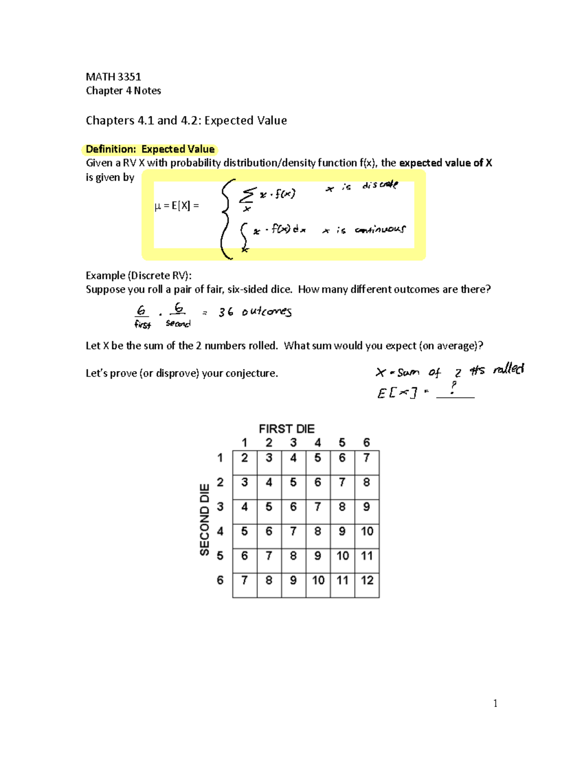 Chapter 4notes - MATH 3351 Chapter 4 Notes Chapters 4 and 4: Expected ...