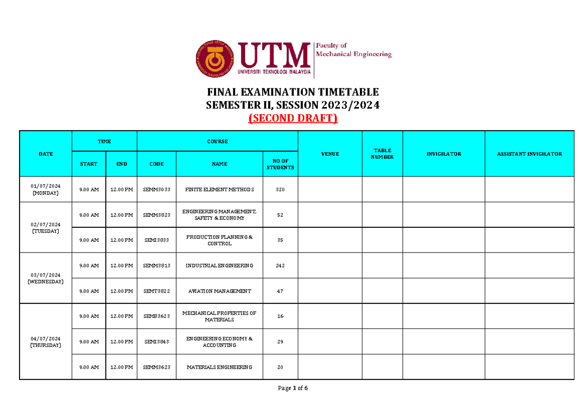FKM Draft 2 Final Examination Timetable Semester 2 Session 20232024 ...