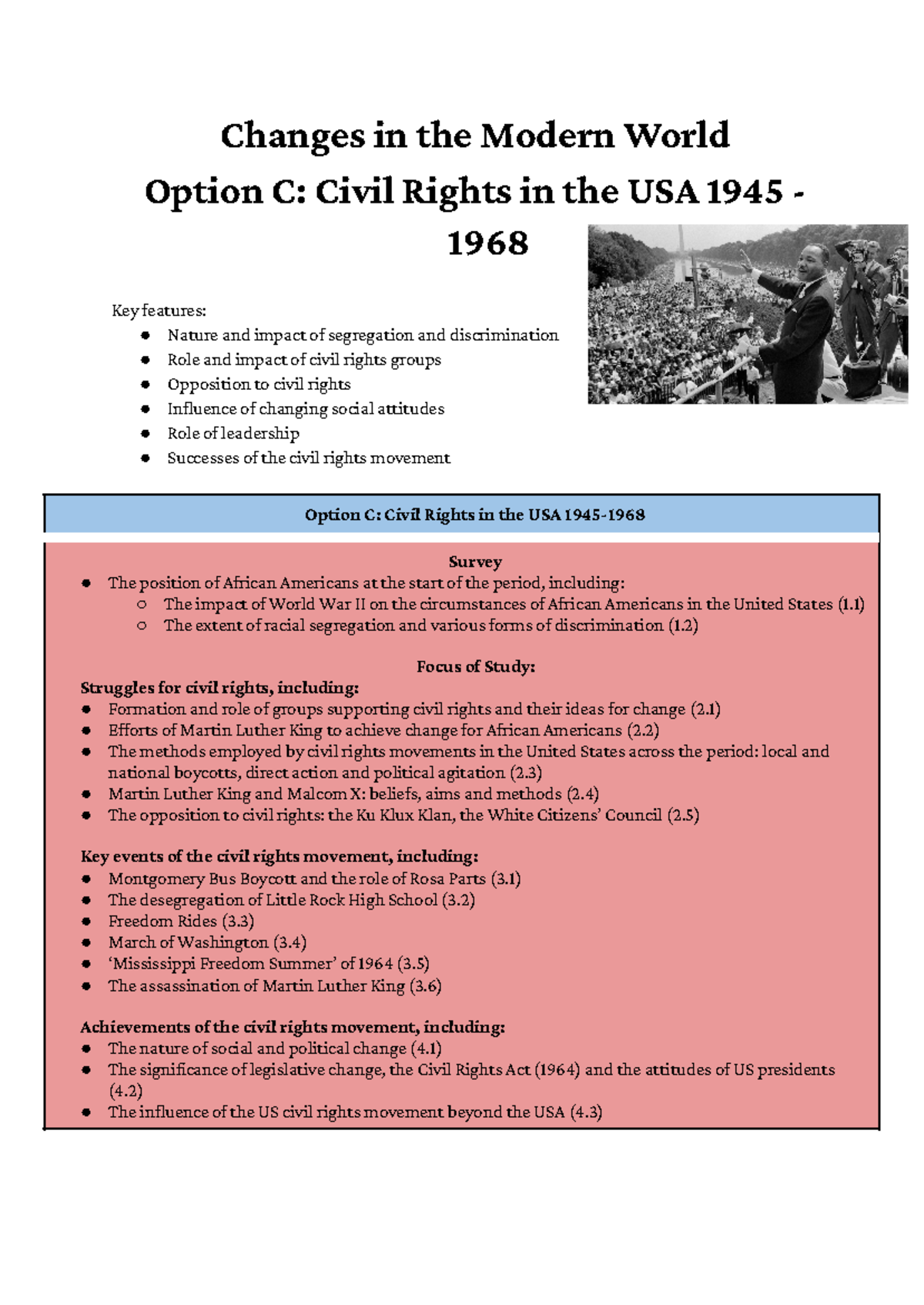 HSC Modern History US Civil Rights Notes - Changes in the Modern World ...