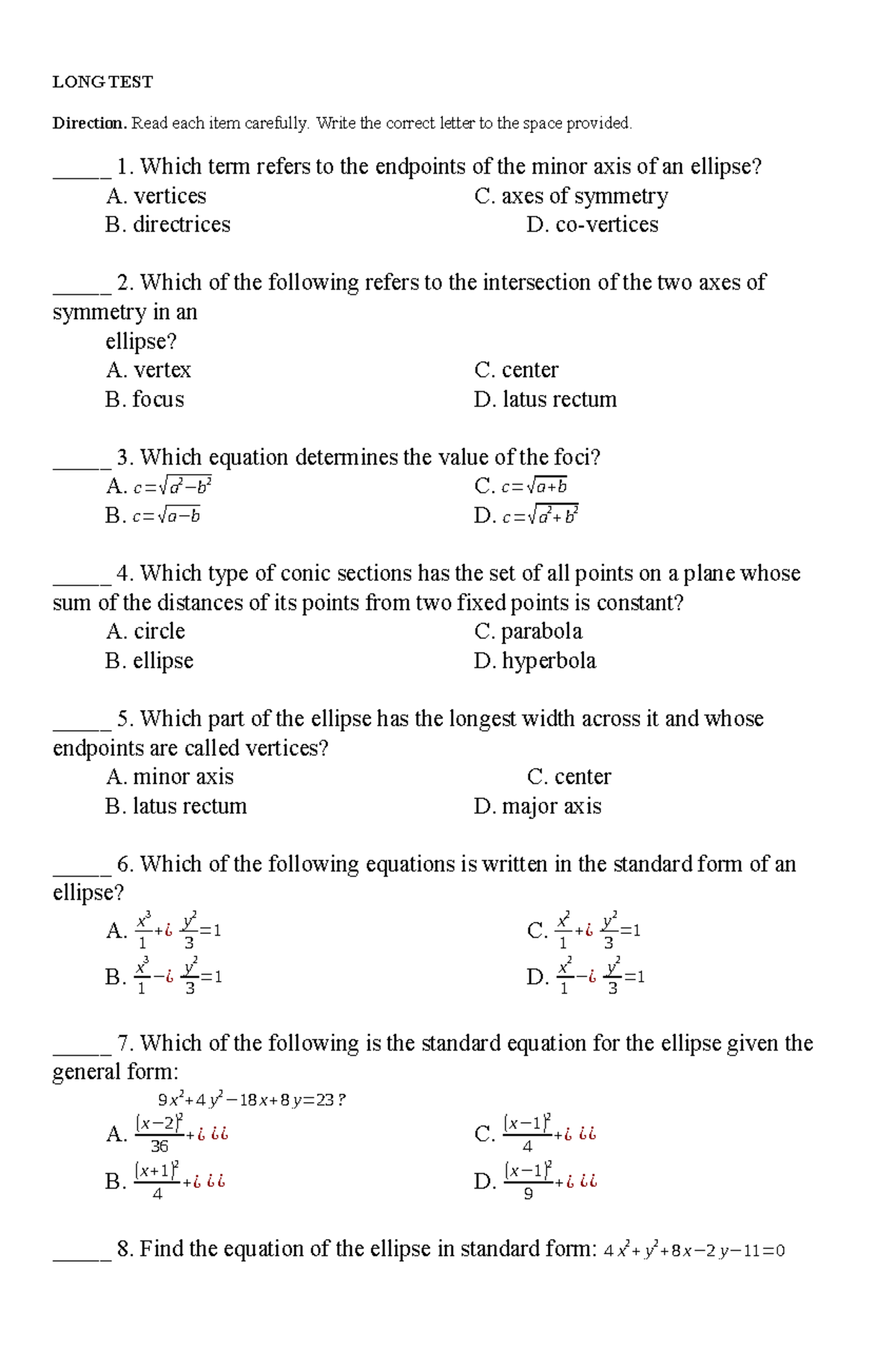 G11 Pre Calculus 2nd Summative Test 23 24 - LONG TEST Direction. Read ...