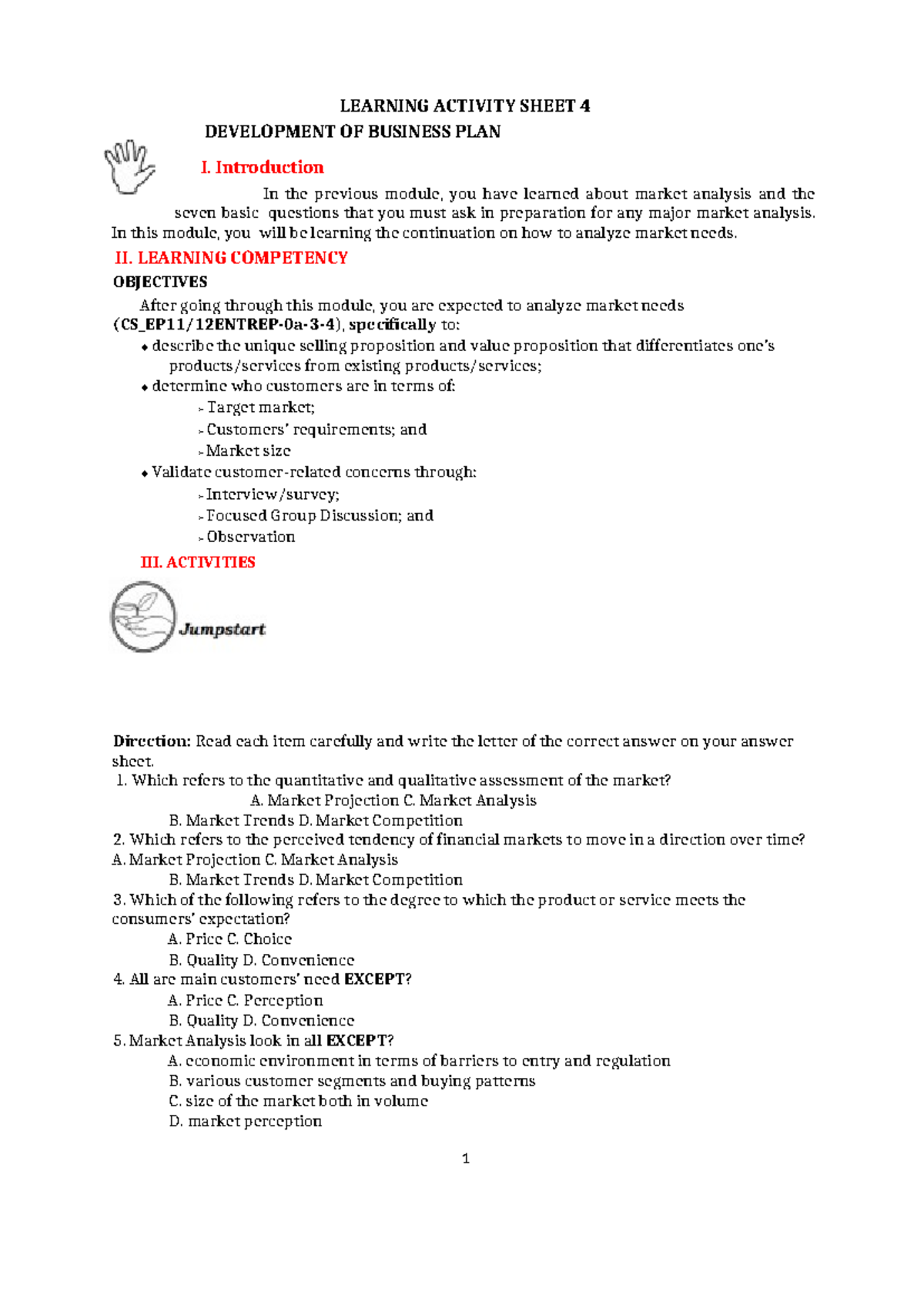 Entrepreneur Quarter 4 - LEARNING ACTIVITY SHEET 4 DEVELOPMENT OF ...
