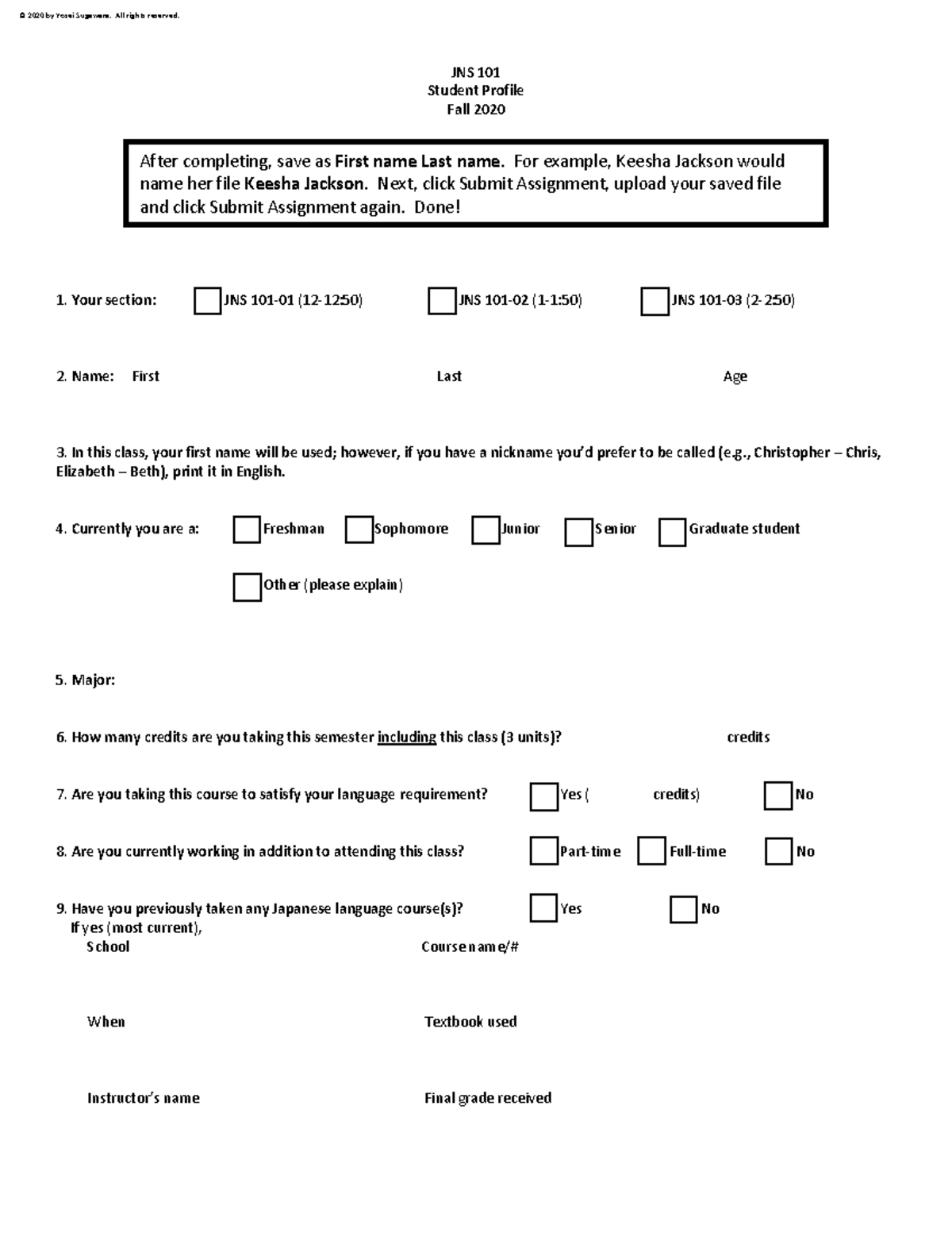 Student Profile PDF - questionnaire - JNS 101 Student Profile Fall 2020 ...