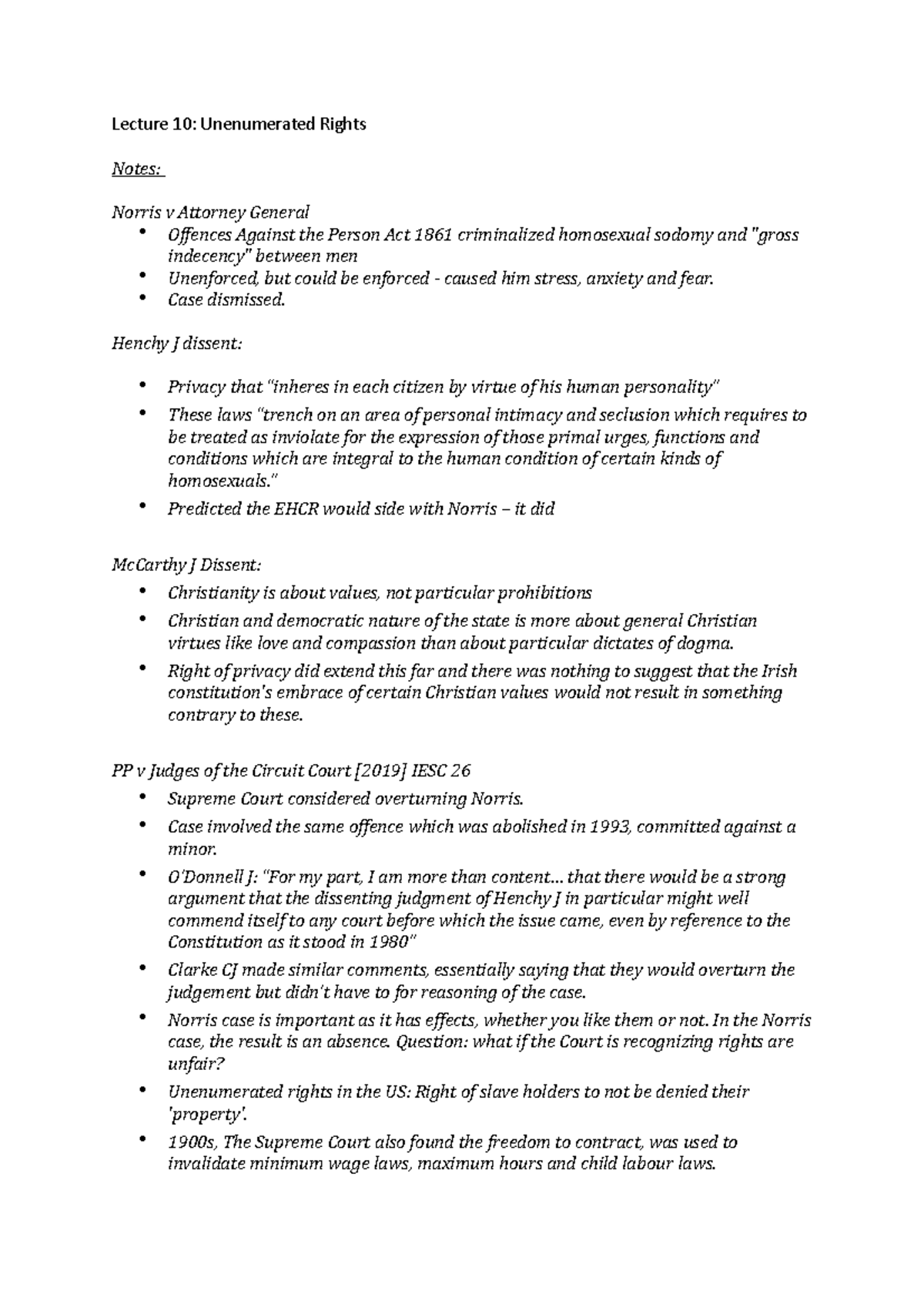 Lecture 10 unenumerated rights - Lecture 10: Unenumerated Rights Notes ...