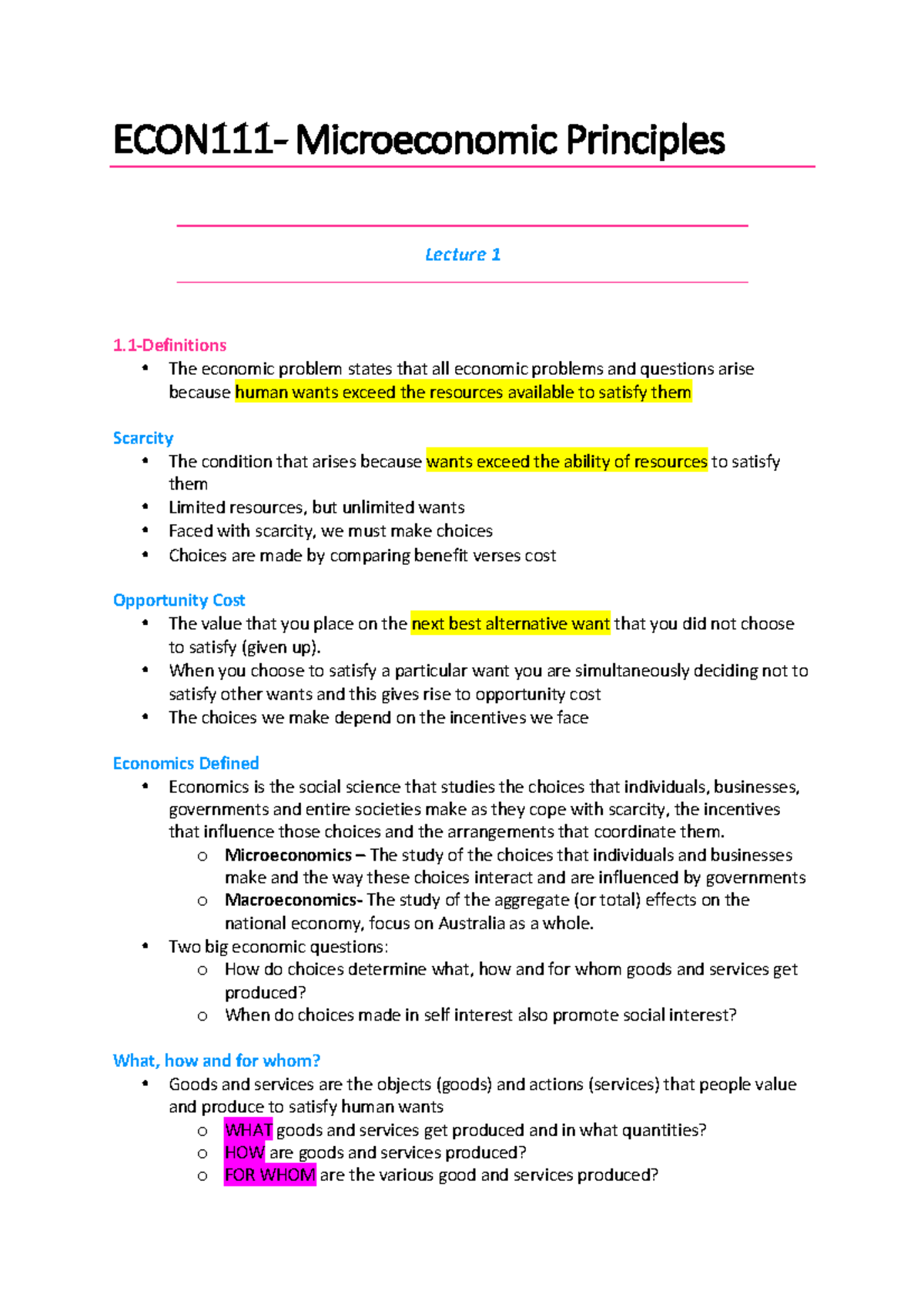 Notes - ECON111- Microeconomic Principles Lecture 1 1-Definitions - The ...