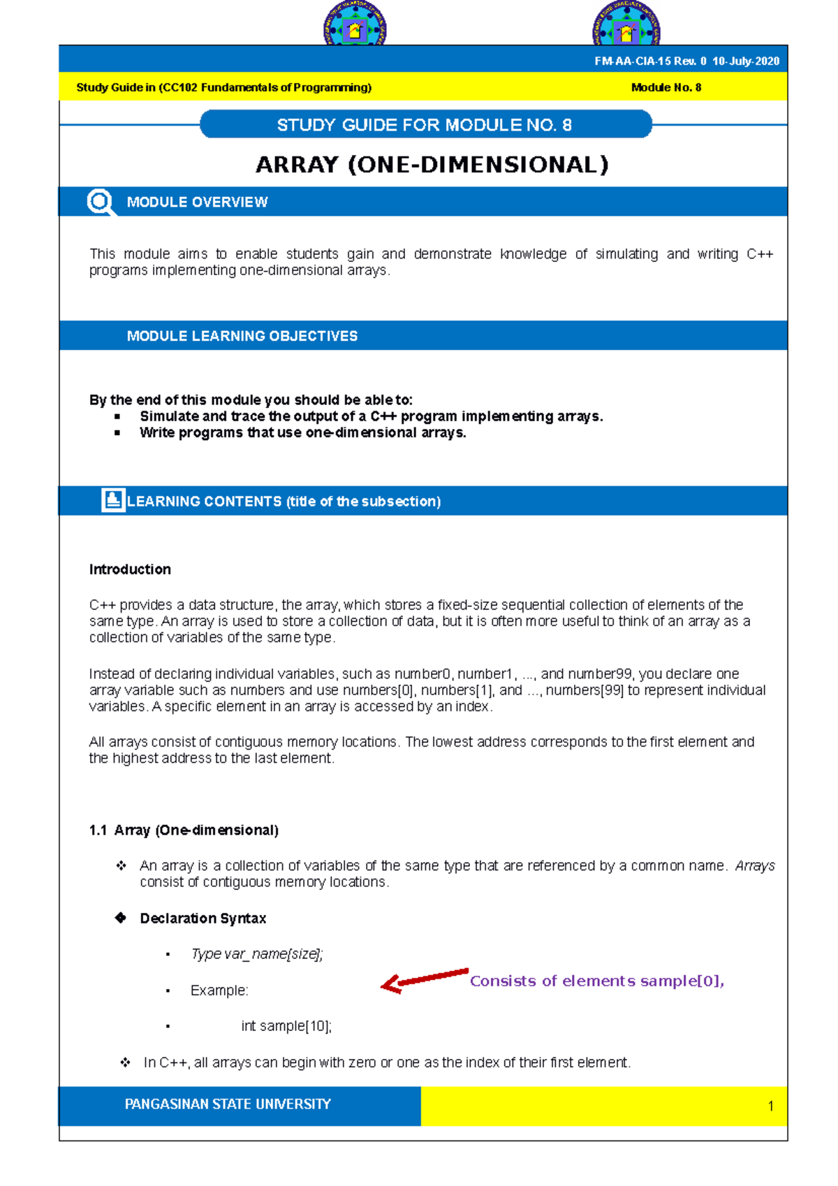 Array (One-dimensional) - Fundamentals of Programming - PangSU - Studocu
