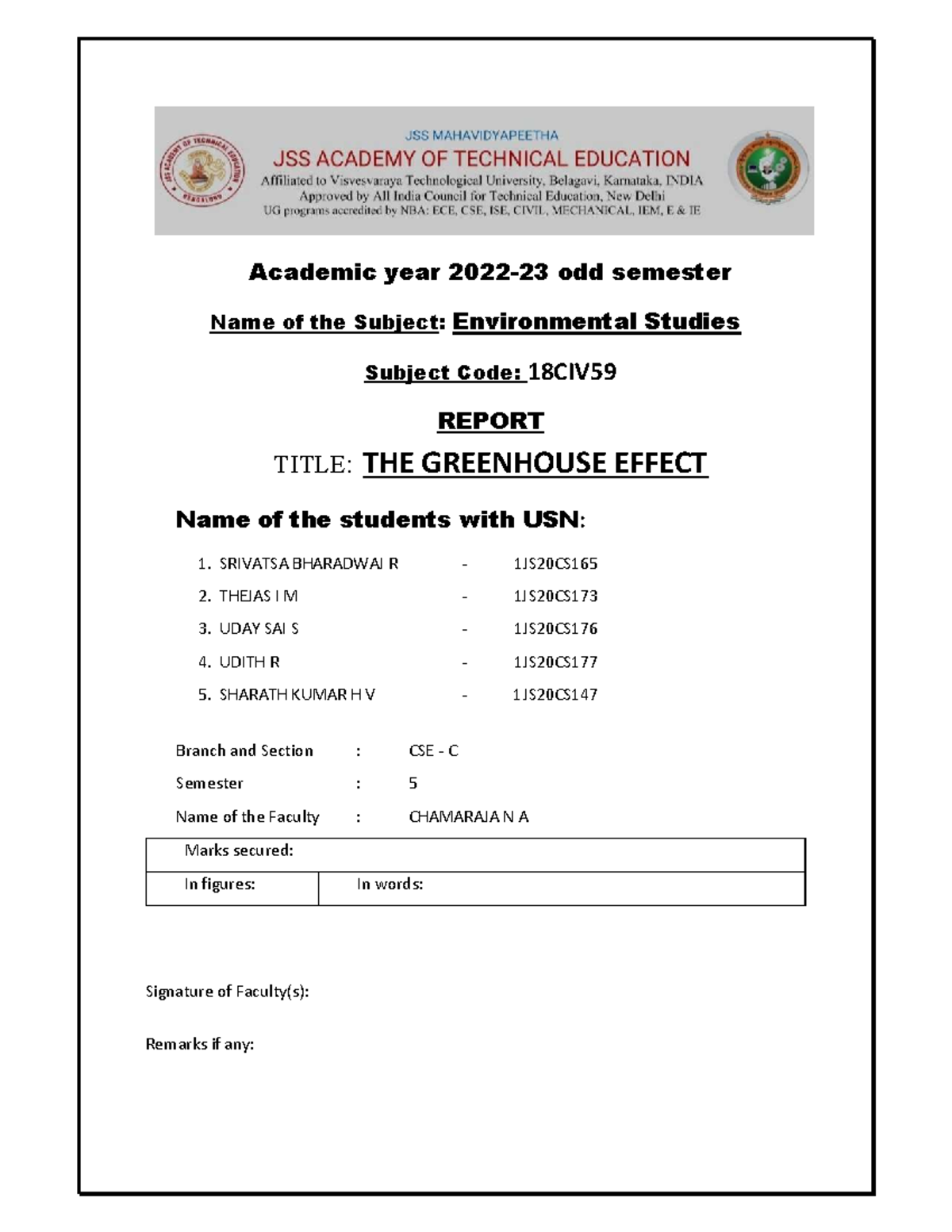 EVS Report - Academic year 2022-23 odd semester Name of the Subject ...