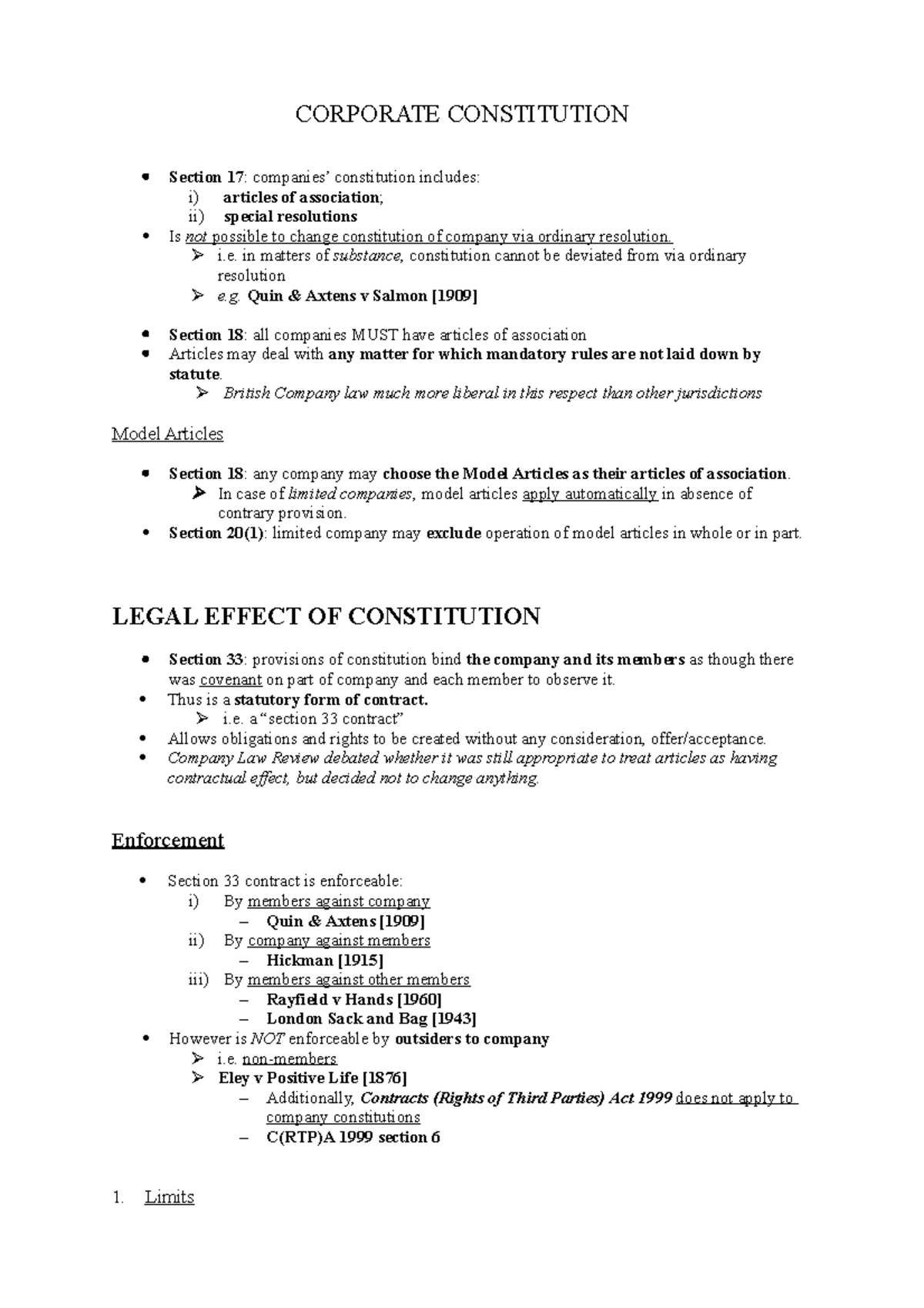 Company Constitution - Lecture notes 1 - CORPORATE CONSTITUTION Section ...