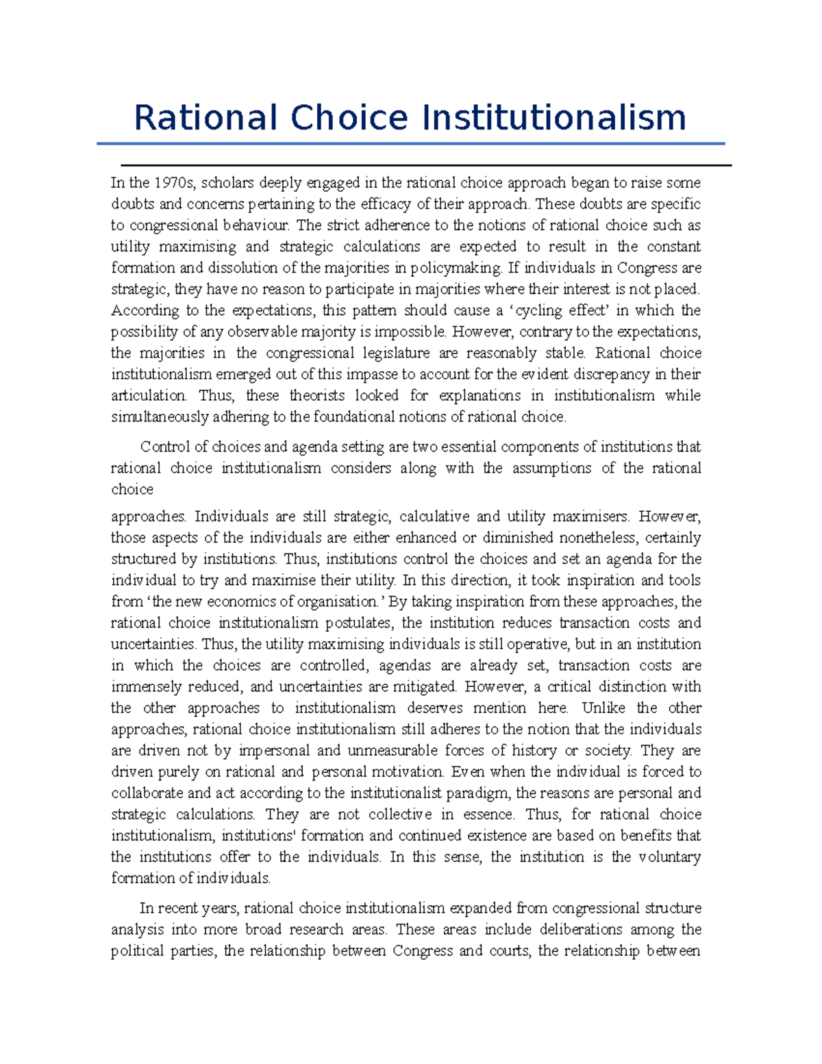 Rational Choice Institutionalism - These doubts are specific to ...