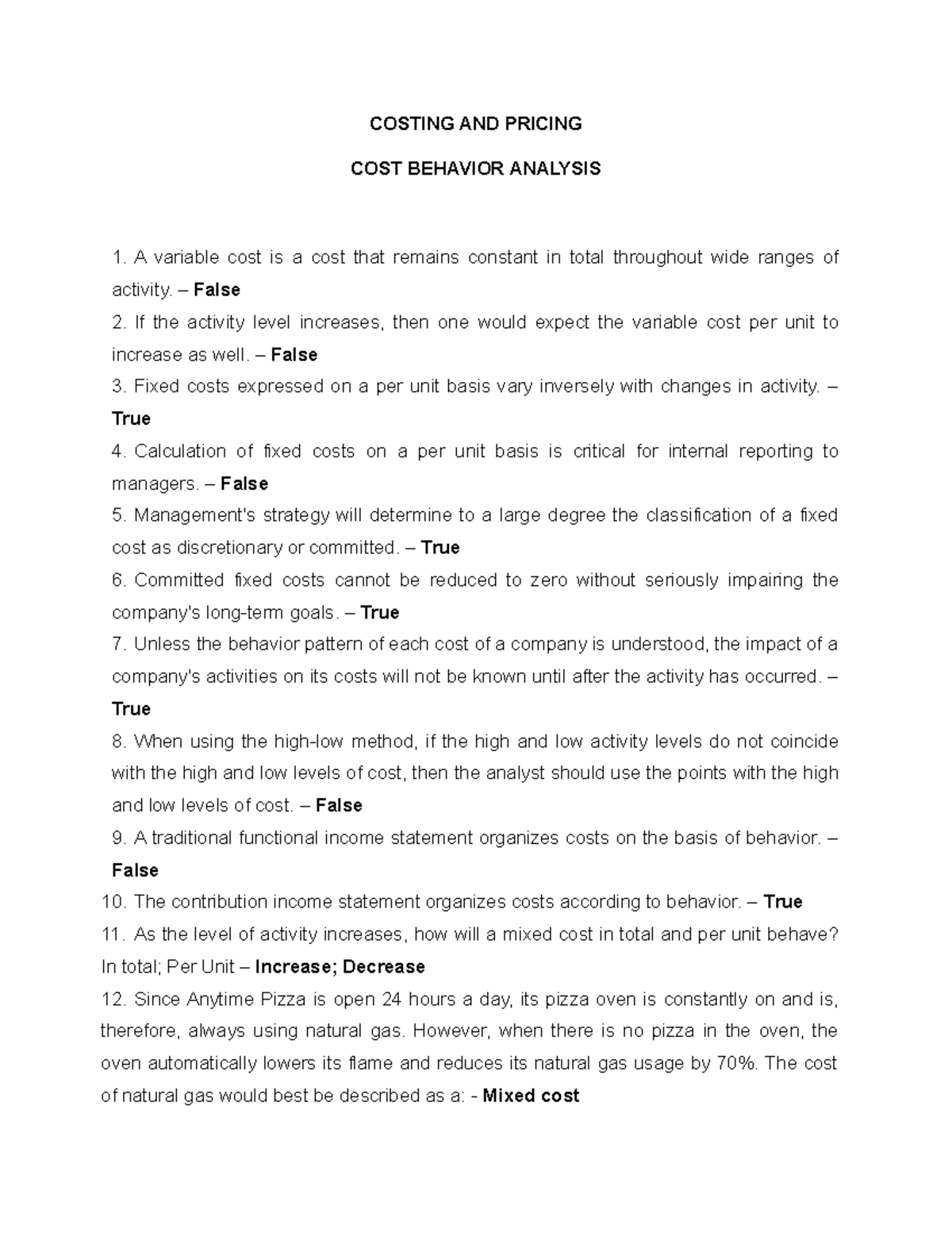 Practice Materials - Costing AND Pricing COST Behavior Analysis ...