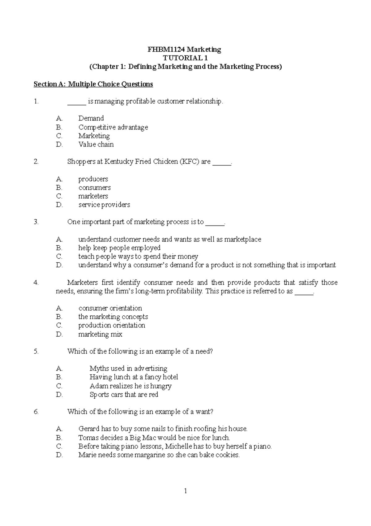 FHBM1124 Marketing Tutorial - Set 1 Student s Copy - FHBM1124 Marketing ...