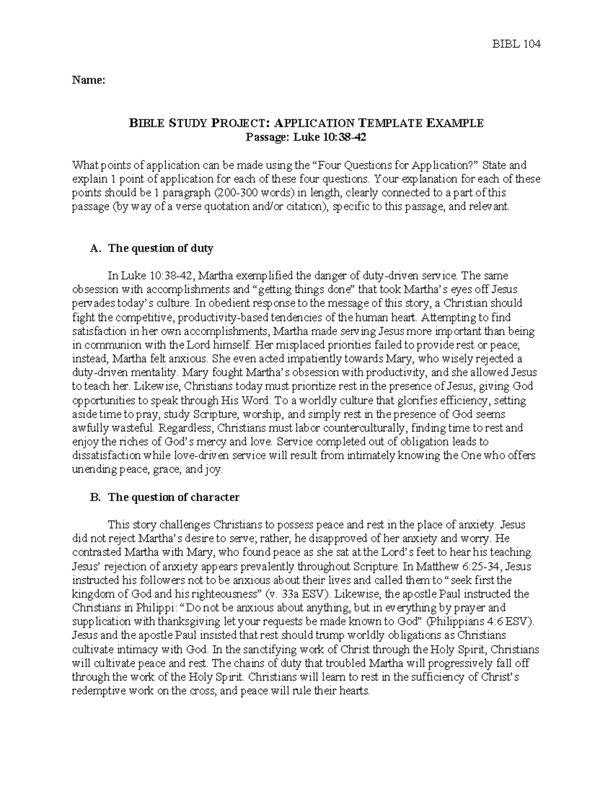 Bible 104 Study Project Application Template Example - BIBL 104 Name ...