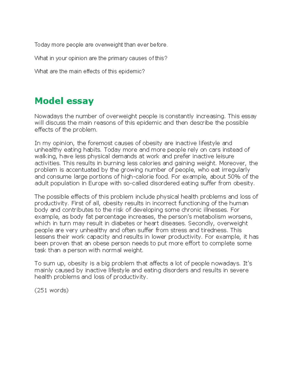 Writing Task 2 Causes And Effects Model Answers StuDocu