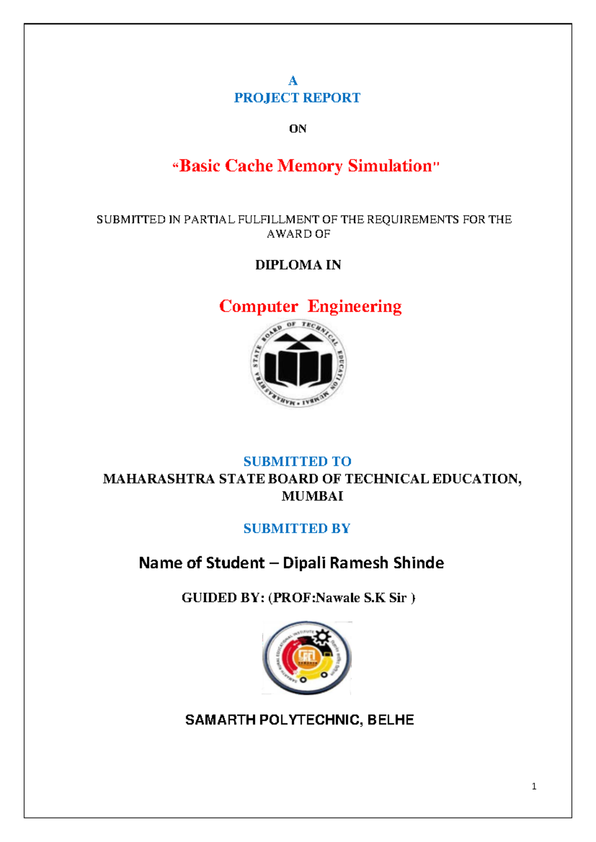 Cashe Memory Management - A PROJECT REPORT ####### ON “Basic Cache Memory Simulation ...