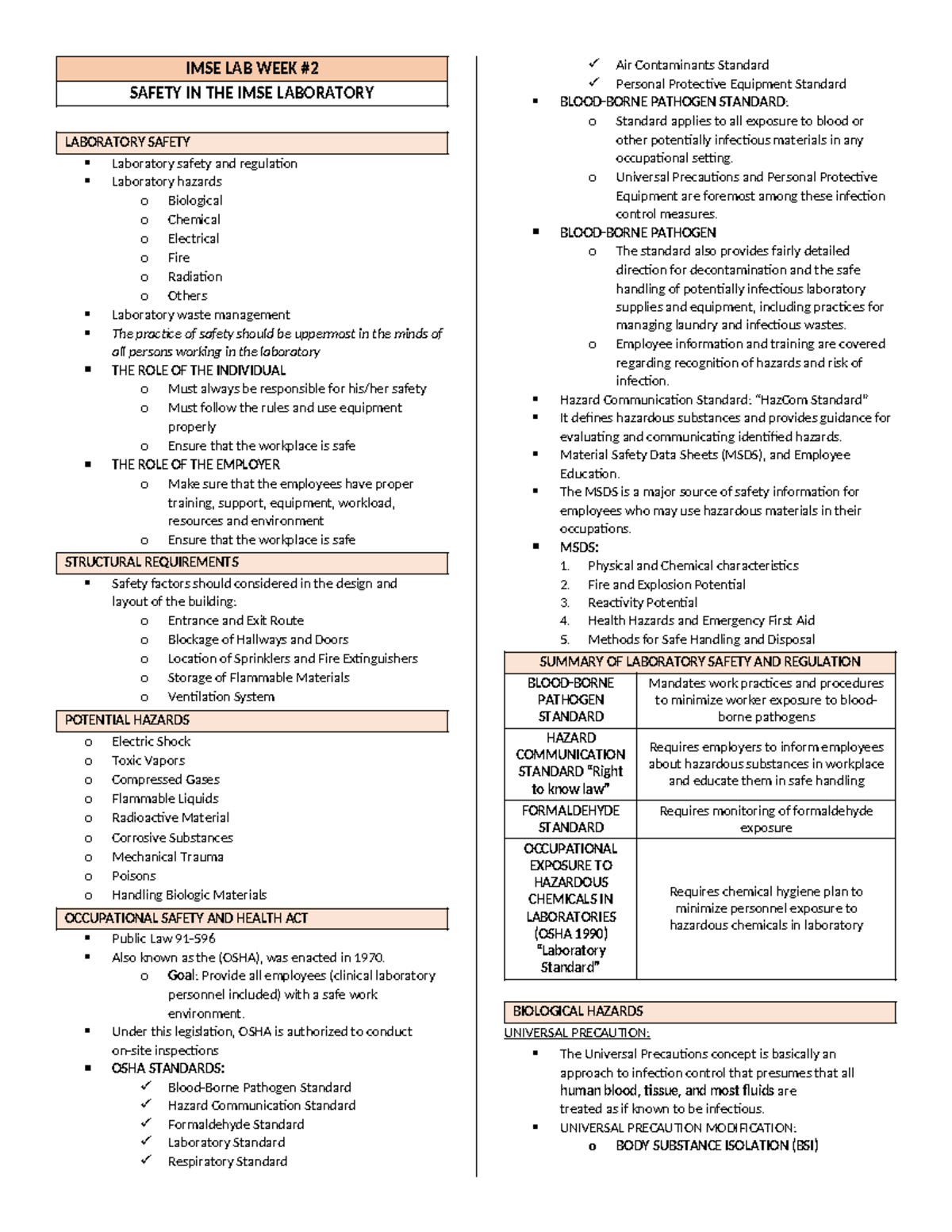 IMSE LAB Prelim Notes - IMSE LAB WEEK SAFETY IN THE IMSE LABORATORY ...
