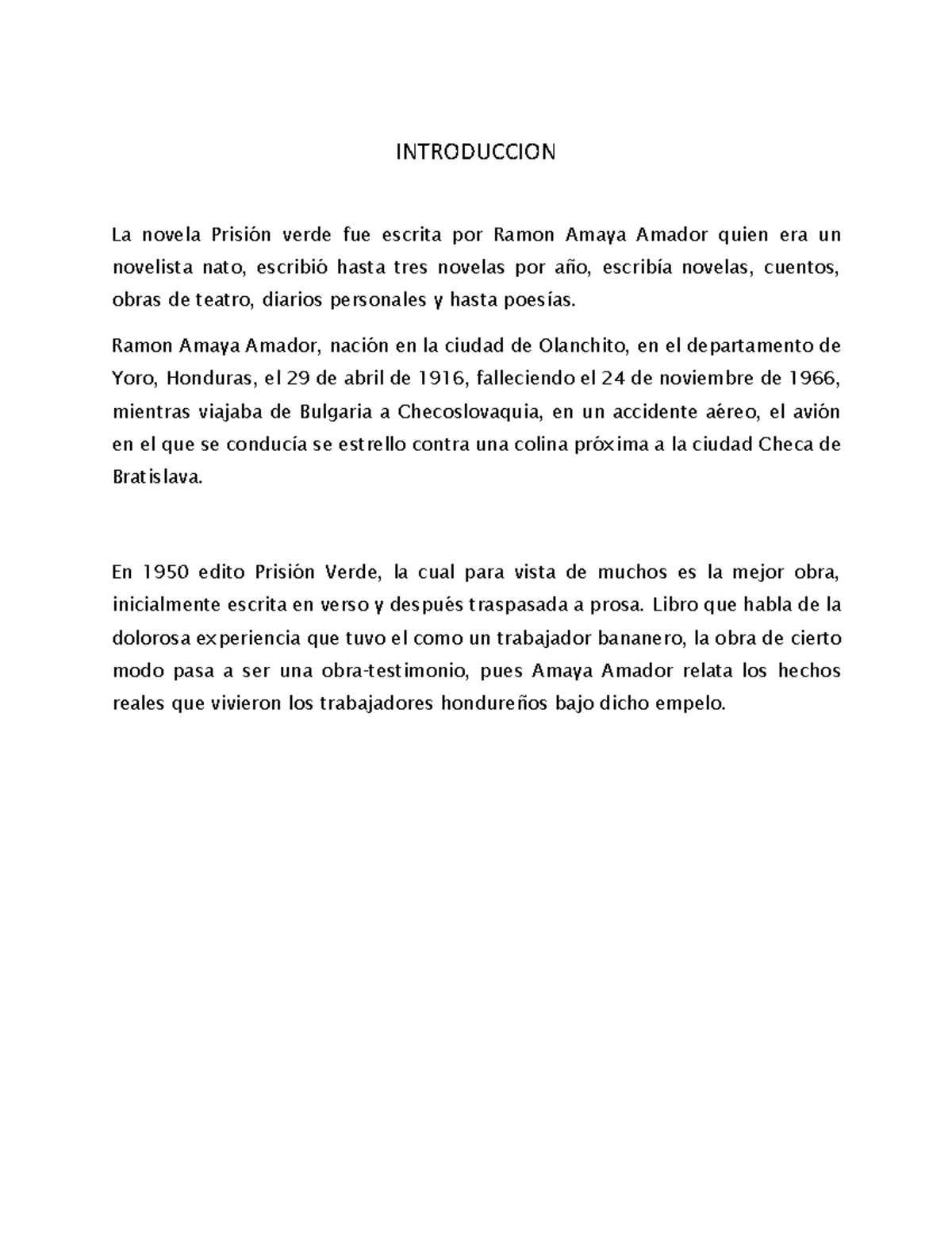 Prision Verde analisis - INTRODUCCION La novela Prisión verde fue ...