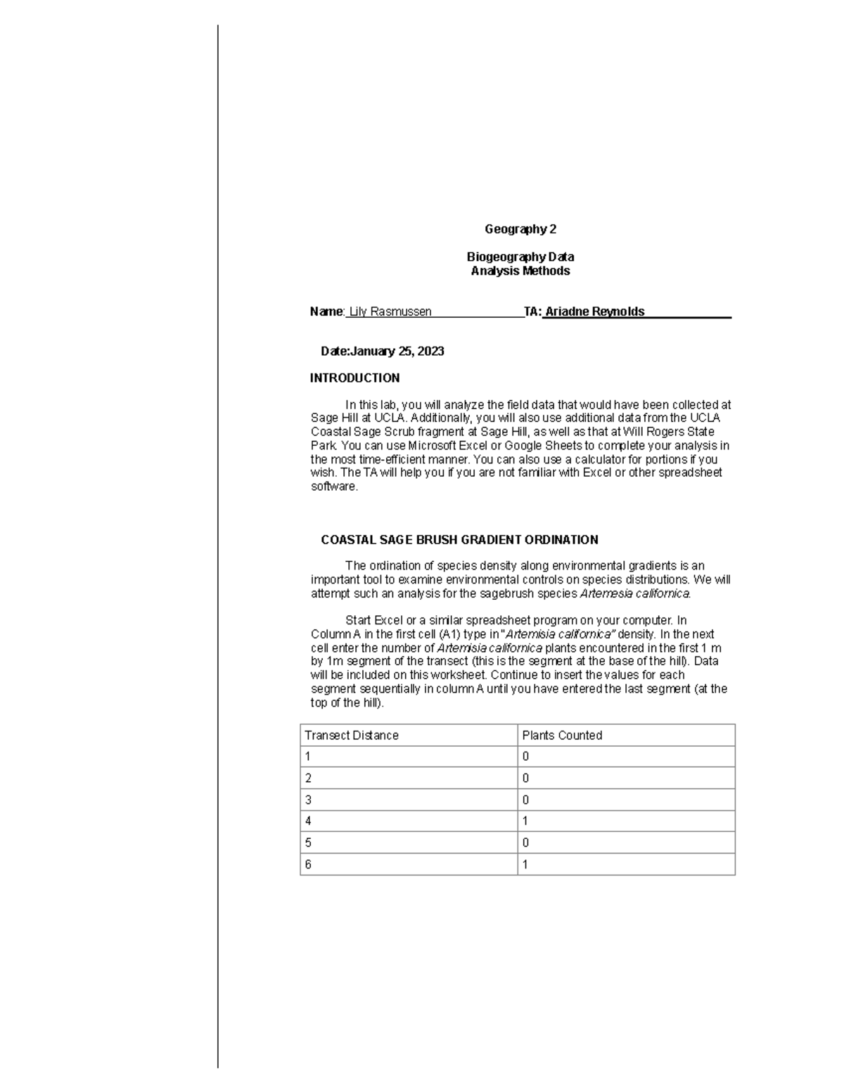 Geography Lab 2 - Geography 2 Biogeography Data Analysis Methods Name ...