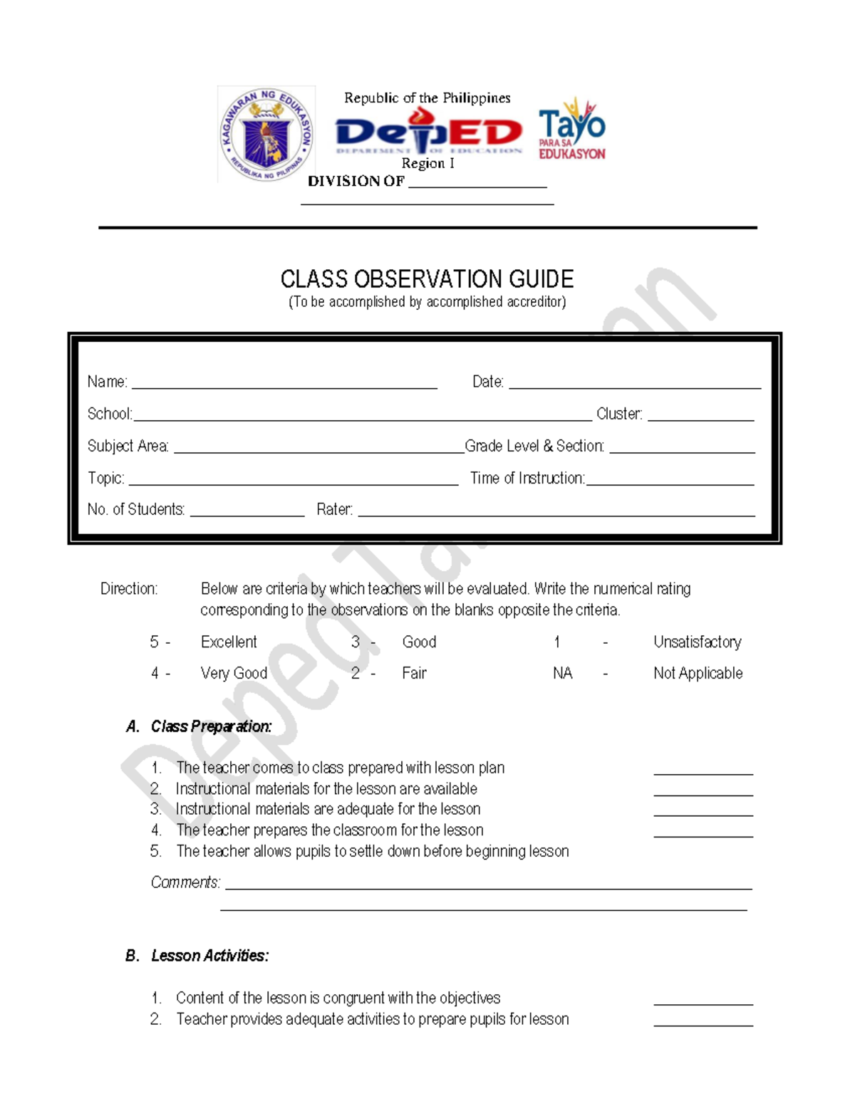 Class Observation Guide - Republic of the Philippines Region I DIVISION OF ...