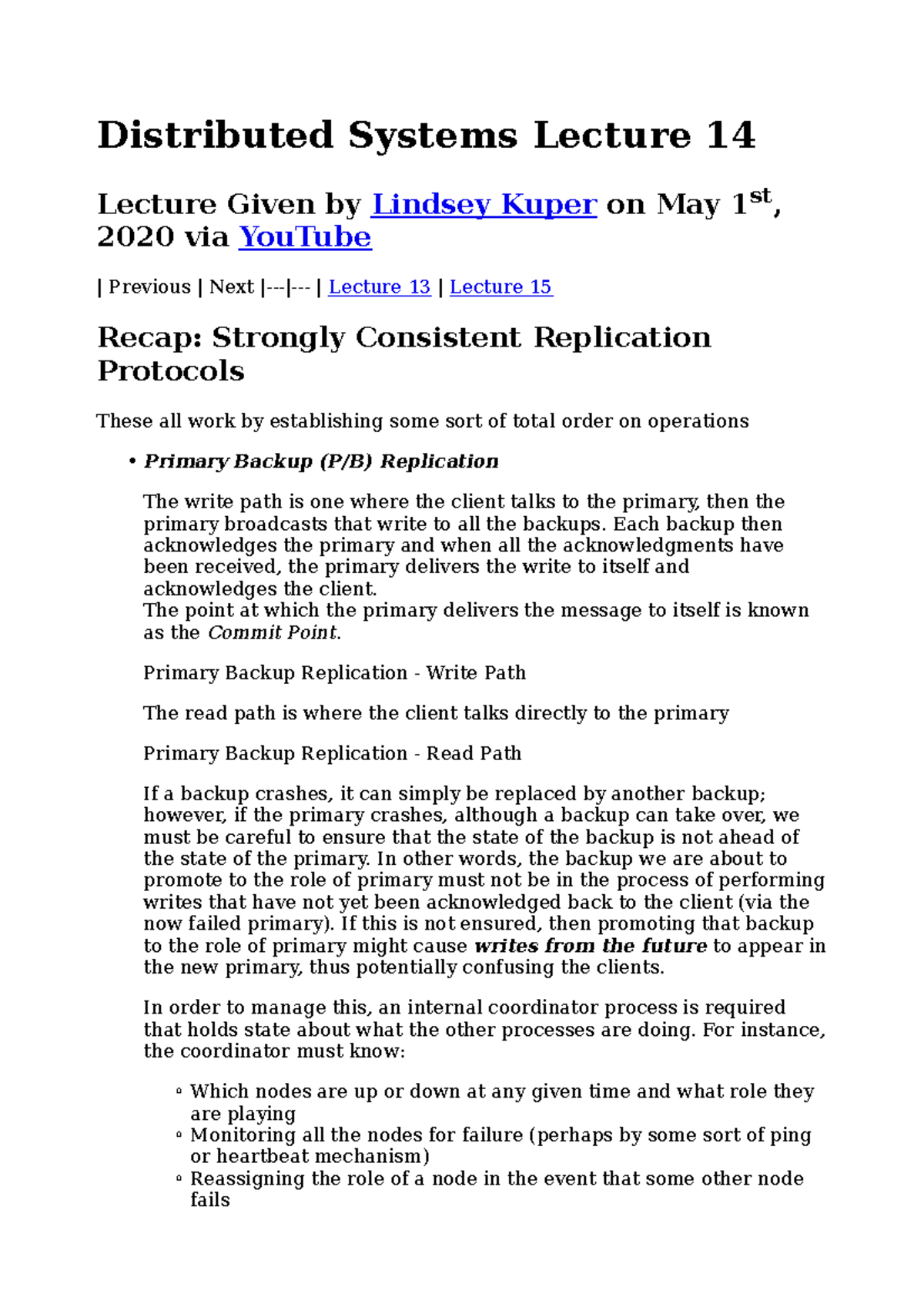 Lecture 14 - Distributed Systems Lecture 14 Lecture Given by Lindsey ...