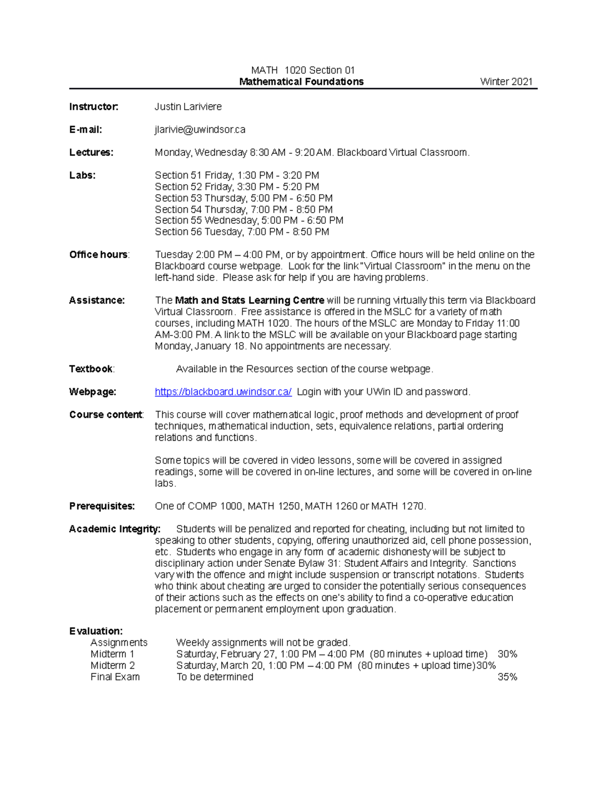 Course Outline Winter 2021 - MATH 1020 Section 01 Mathematical ...