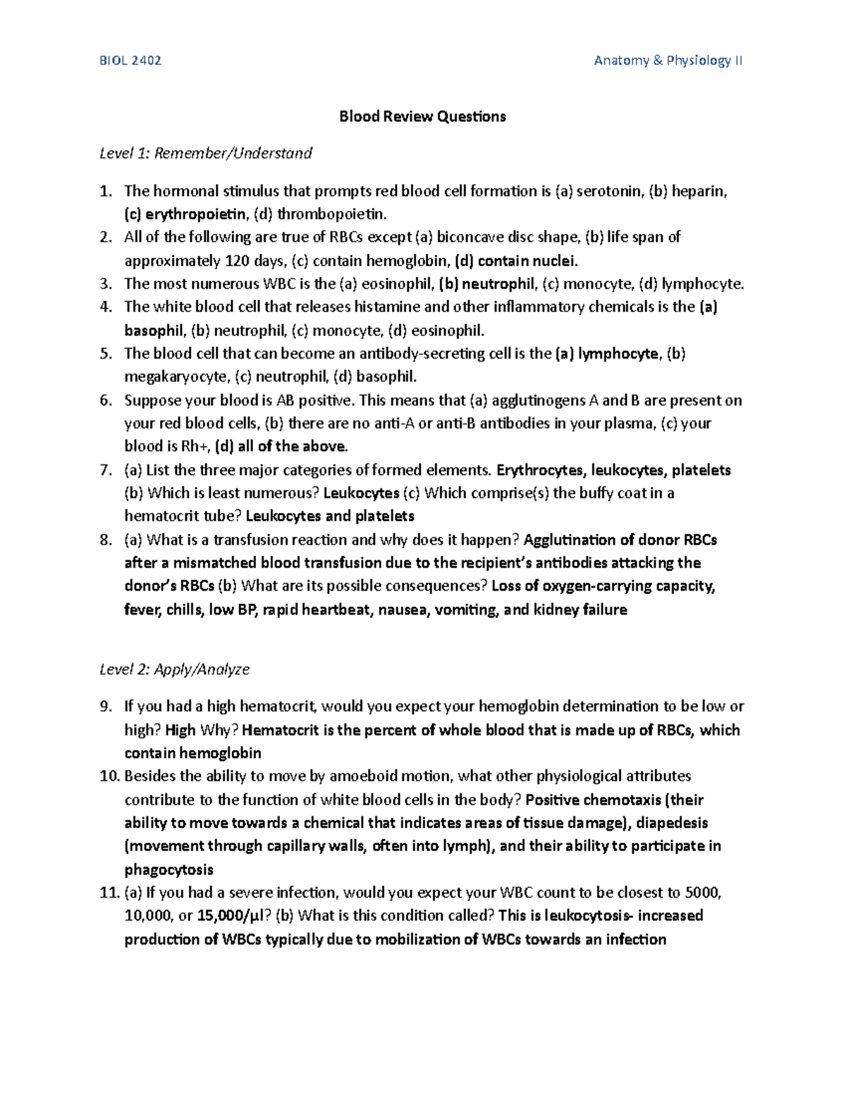 Blood Review Questions and Answers - BIOL 2402 Anatomy & Physiology II ...