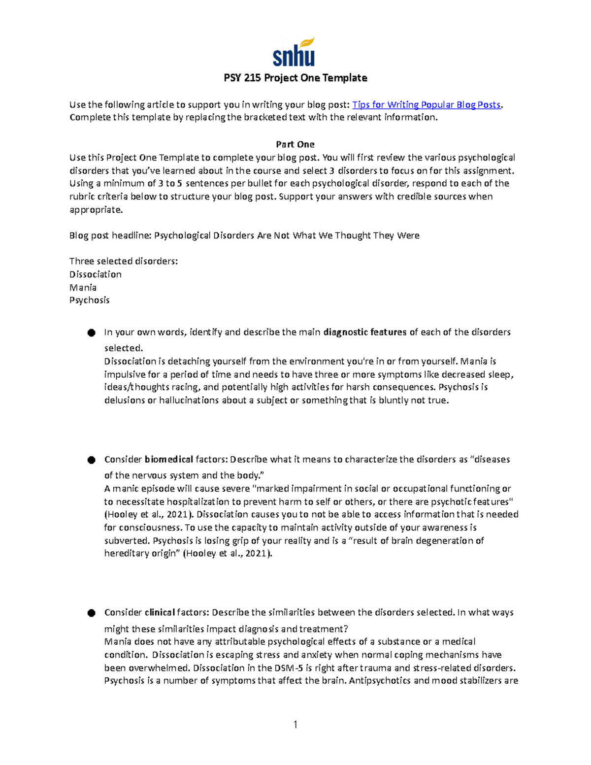 PSY 215 Project One Template - Psy-215 - SNHU - Studocu