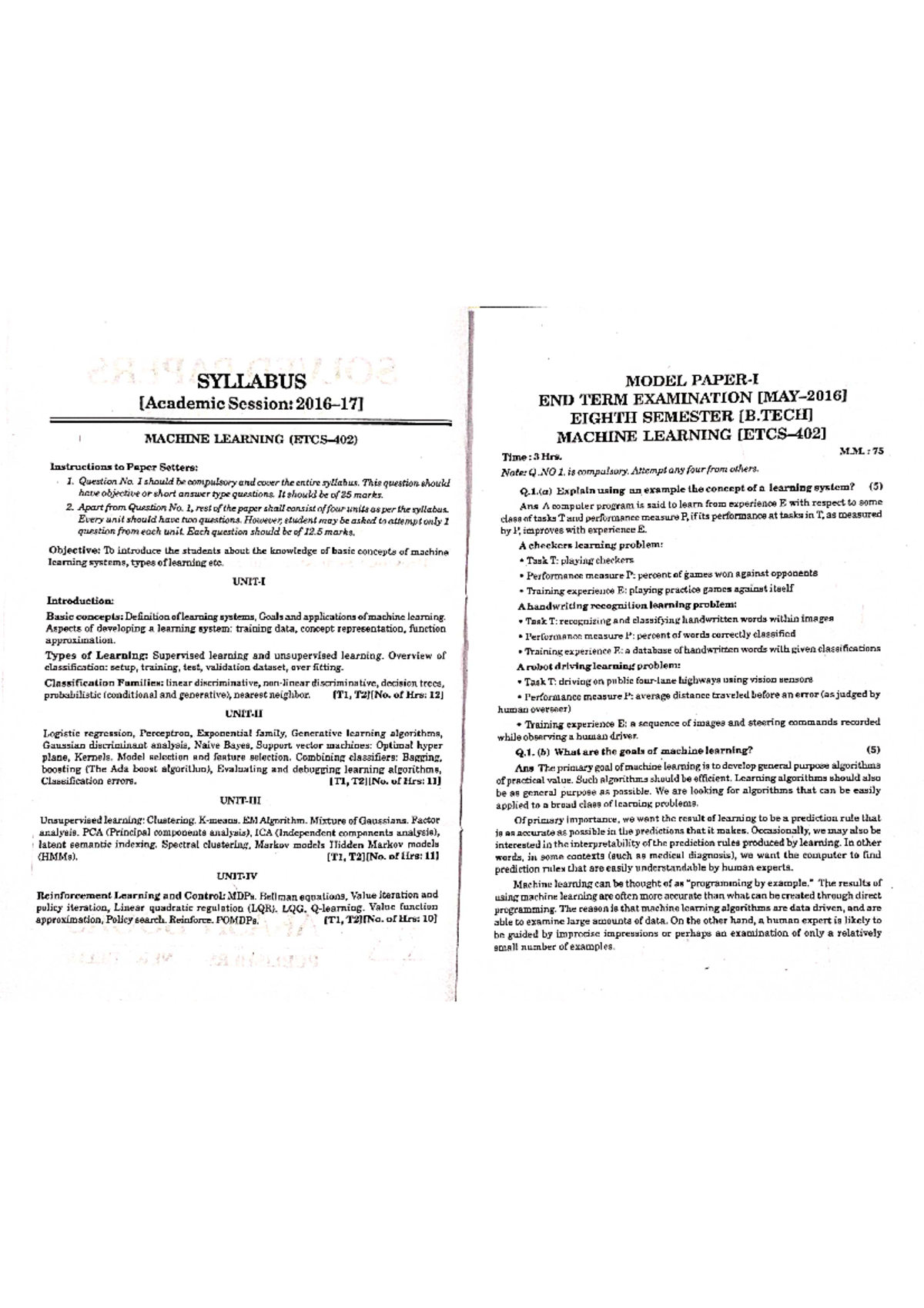 ML Akash - SYLLABUS MODEL Session: END TERM EXAMINATION EIGHTH SEMESTER MACHINE LEARNING MACHINE ...