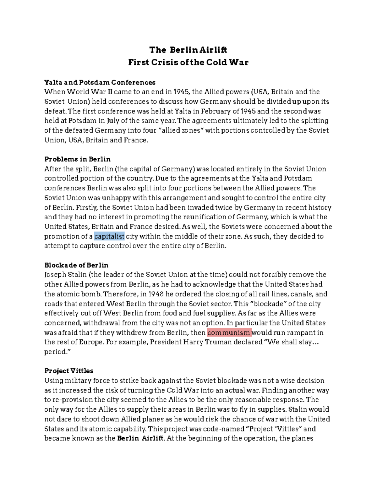 Berlin Airlift Reading - The Berlin Airlift First Crisis of the Cold ...