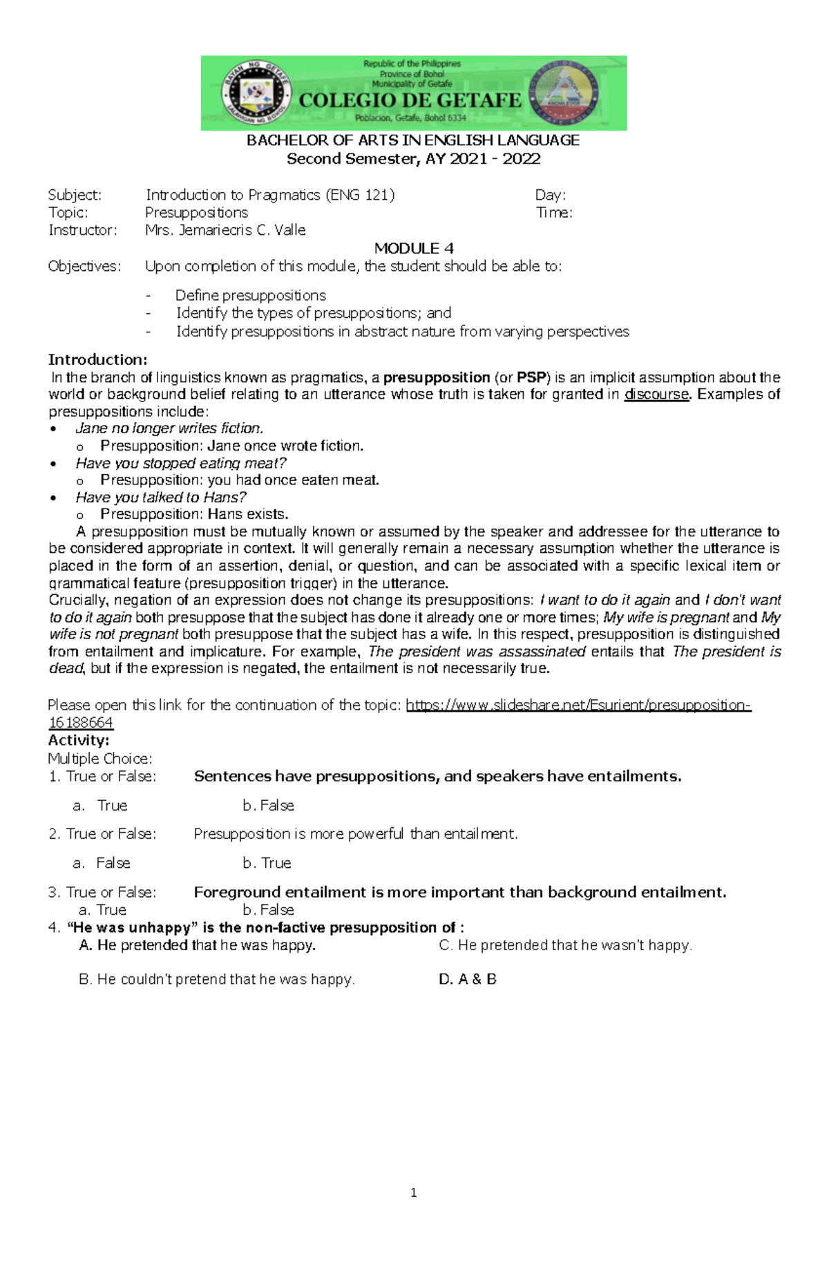 Module 4 - asfdf - BACHELOR OF ARTS IN ENGLISH LANGUAGE Second Semester ...