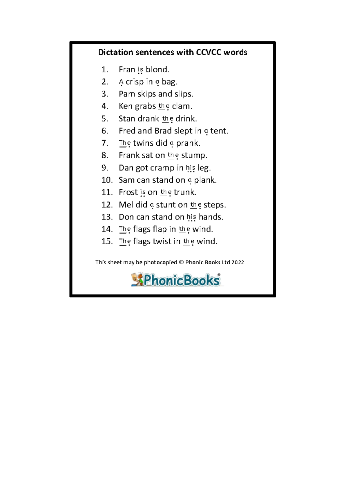 Dictation- Ccvcc-sentences - Dictation sentences with CCVCC words 1 ...