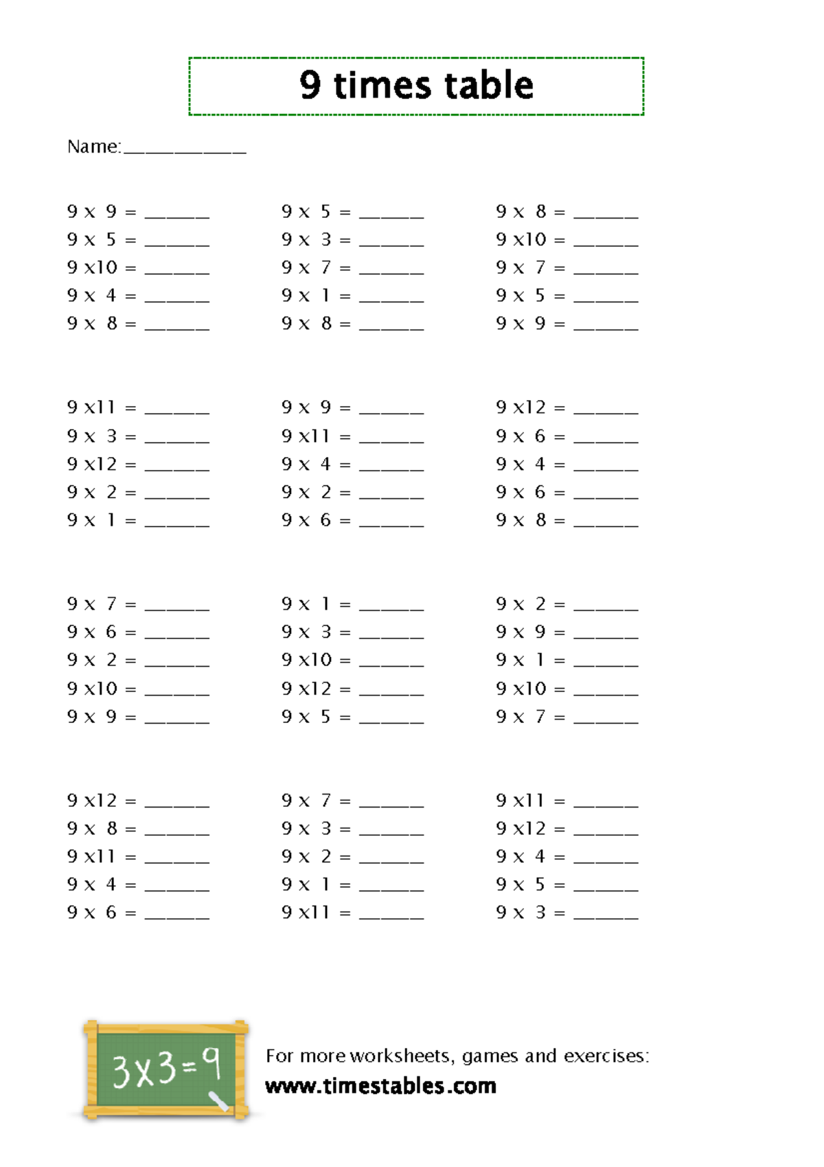 9 times table worksheets ws4 - 9 x 9 = _________ 9 x 5 = _________ 9 ...