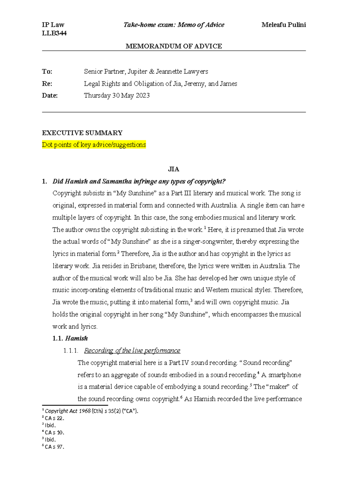 Memo of Advice (draft) - LLB MEMORANDUM OF ADVICE To: Senior Partner ...