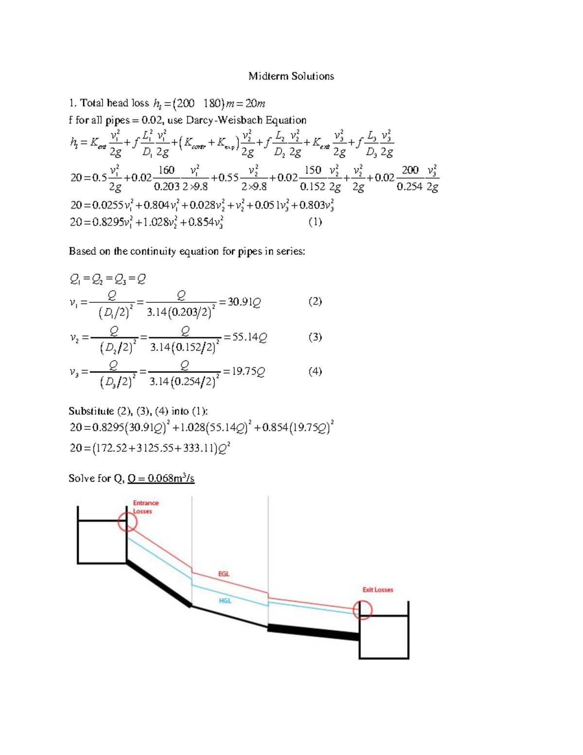 Municipal Hydraulics Midterm 2020, answers - Midterm Solutions 1. Total head loss hl=( 200 - 180 ...