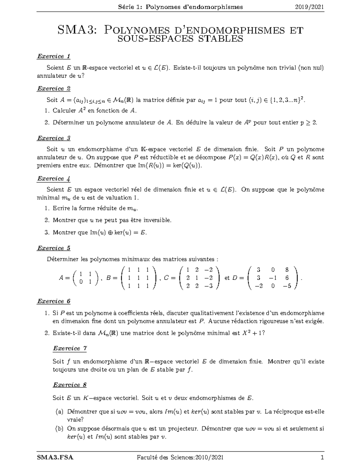 Exercices - Algebre 4 - SMA3 - Polynomes d’endomorphismes et sous ...