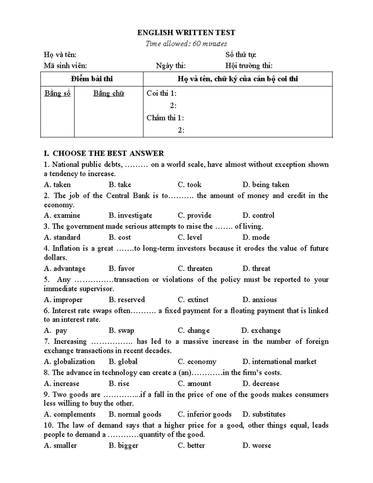 Đề-6 - ..................... - ENGLISH WRITTEN TEST Time allowed: 60 ...