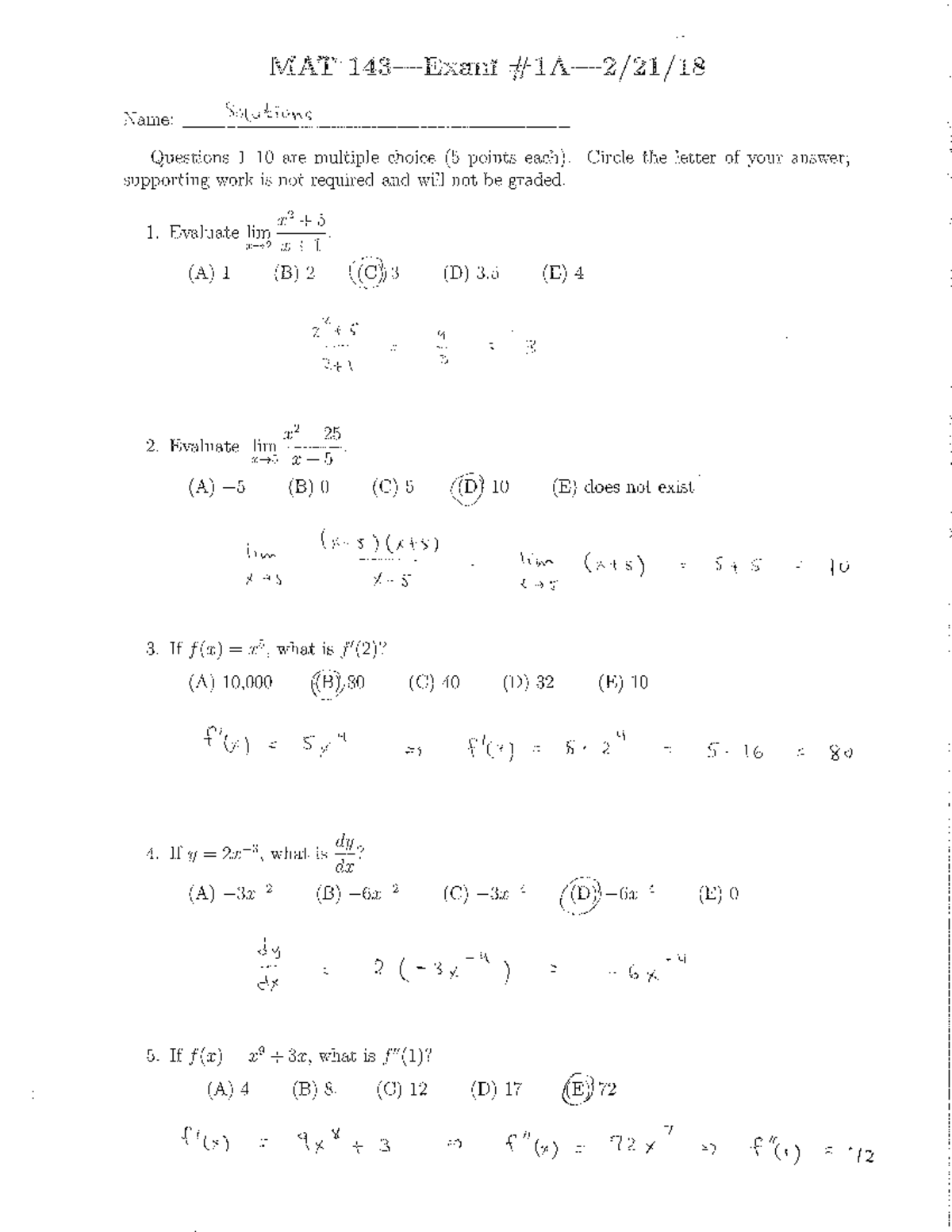 Exam 1 Solutions 21 Feb 2018 - MAT 143 - Studocu
