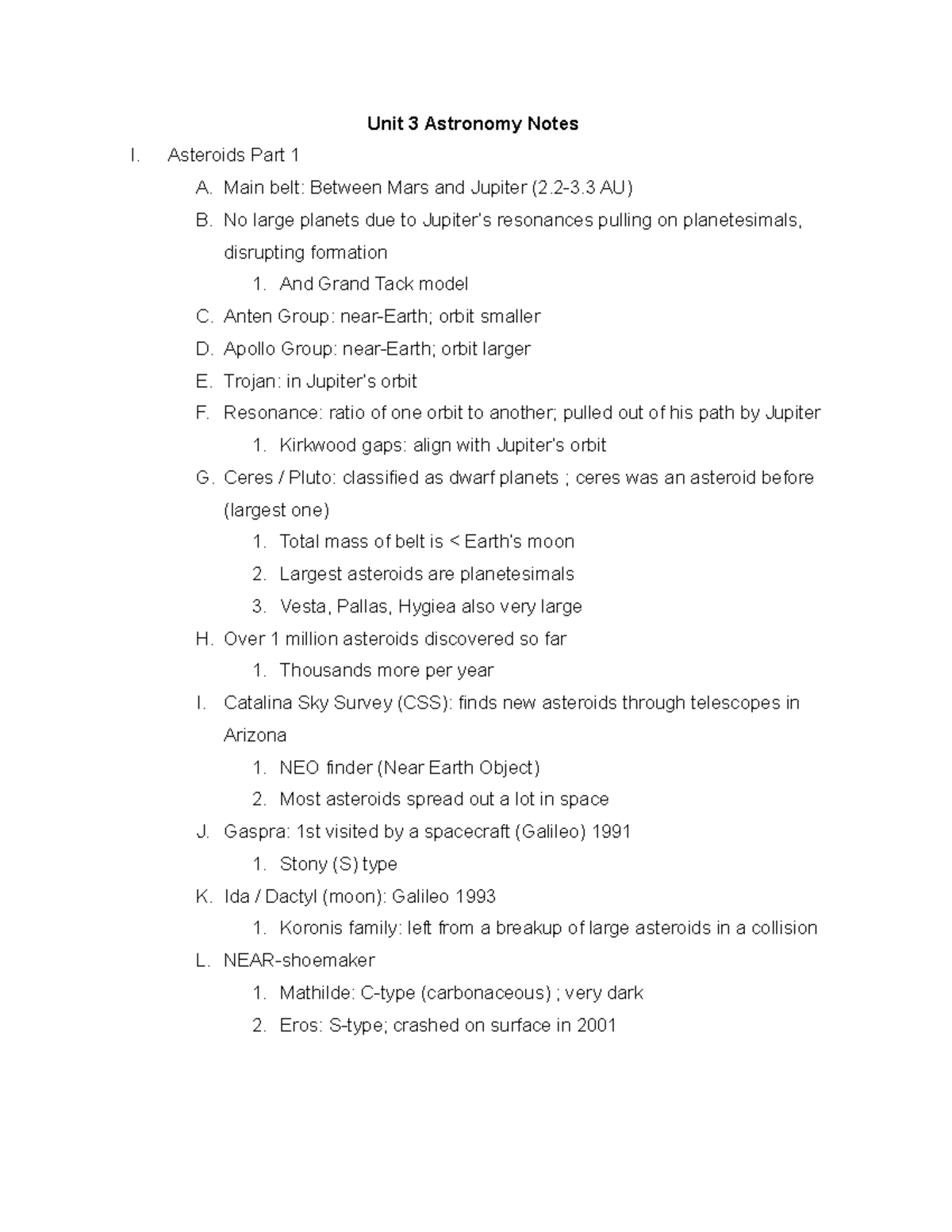 Astronomy Notes Unit 3 - Unit 3 Astronomy Notes I. Asteroids Part 1 A ...