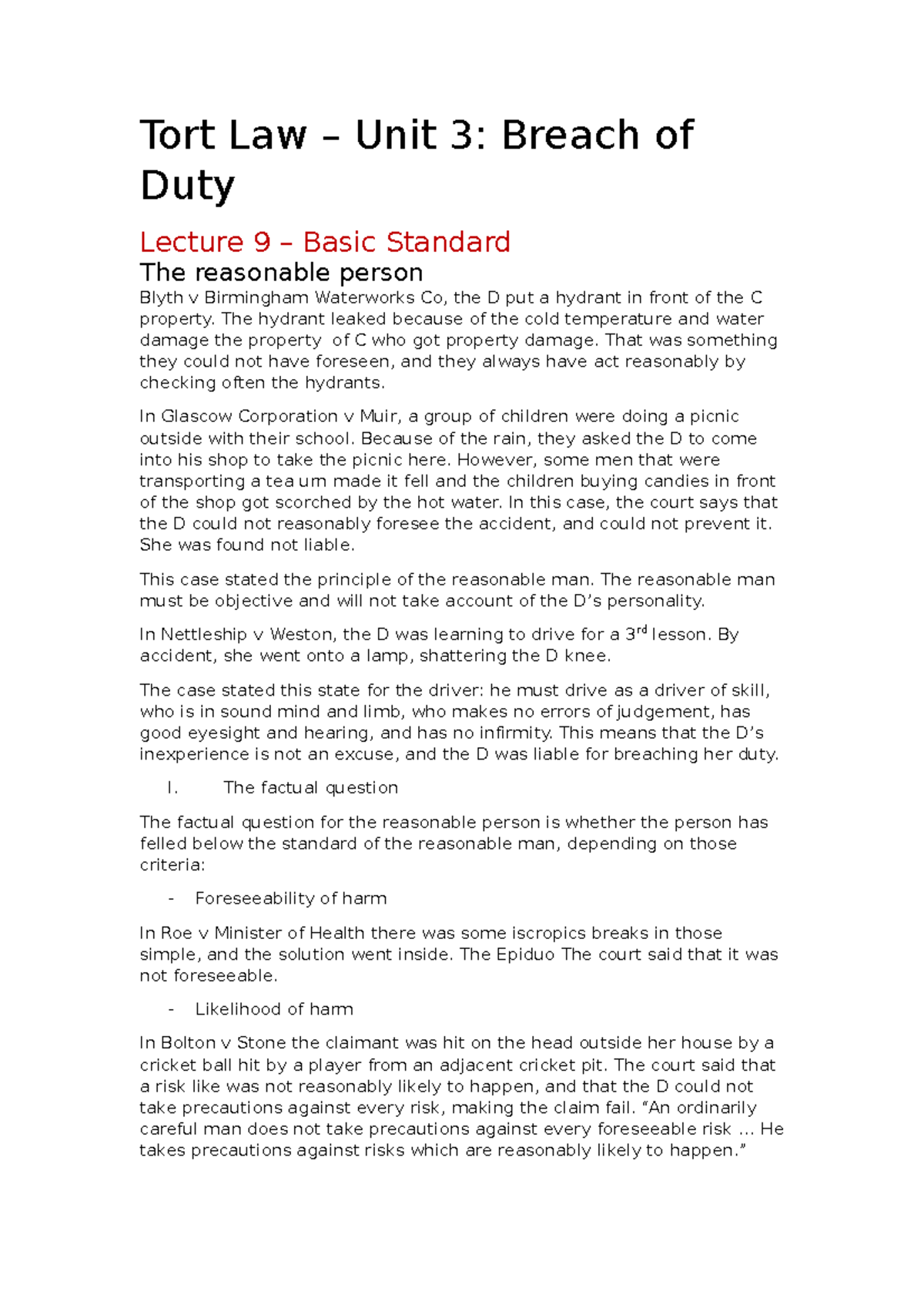 TL Unit 3 Breach Of Duty Tort Law Unit 3 Breach Of Duty