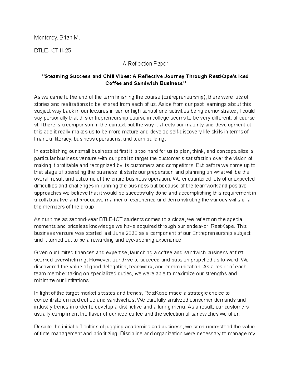 Monterey-Reflection Paper Entrepreneurship - Monterey, Brian M. BTLE ...