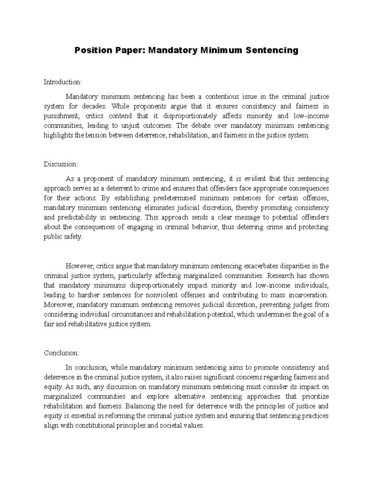Position paper eapp - Position Paper: Mandatory Minimum Sentencing ...
