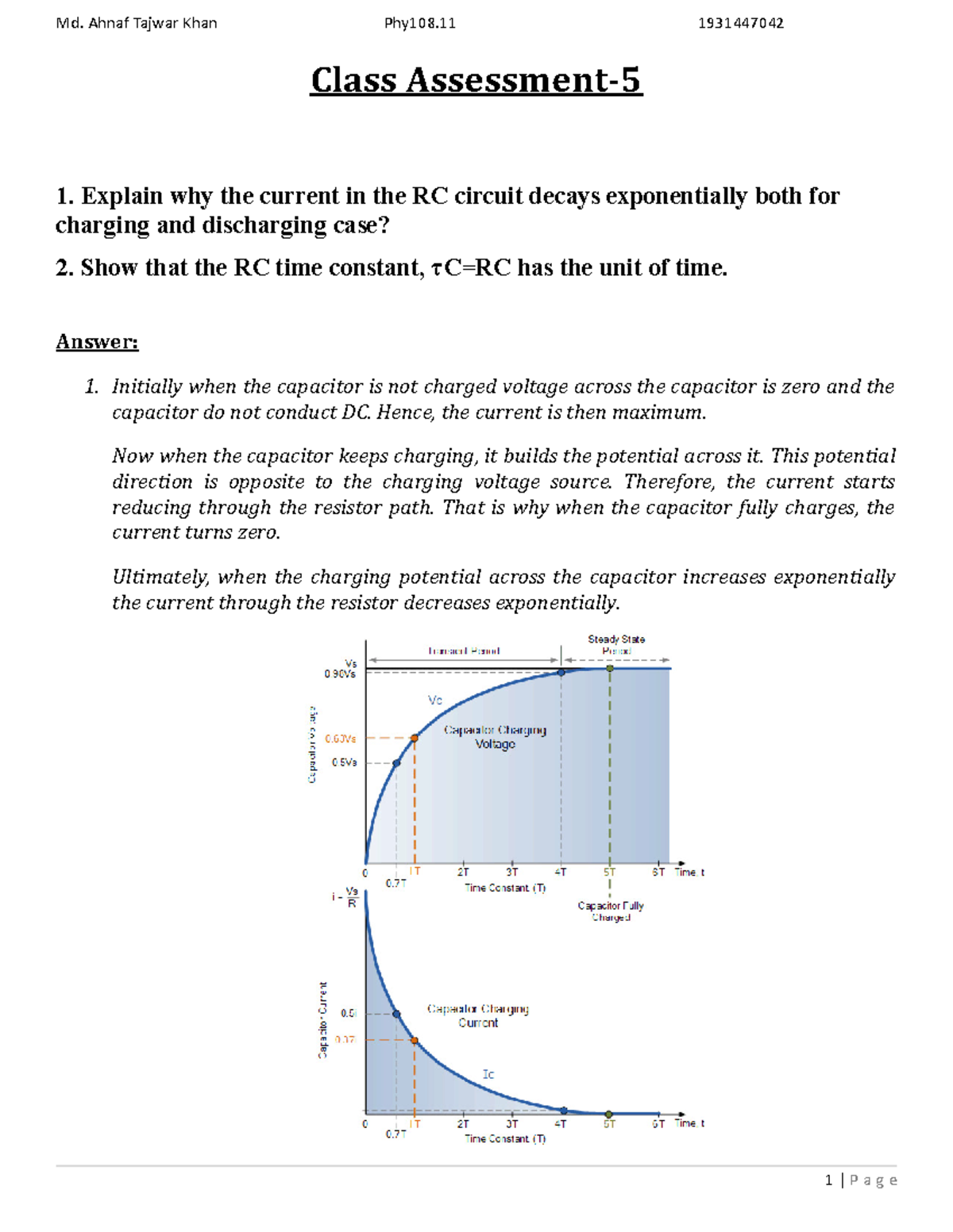 Class Assessment - Md. Ahnaf Tajwar Khan Phy108 1931447042 Class Assessment- 1. Explain why the ...