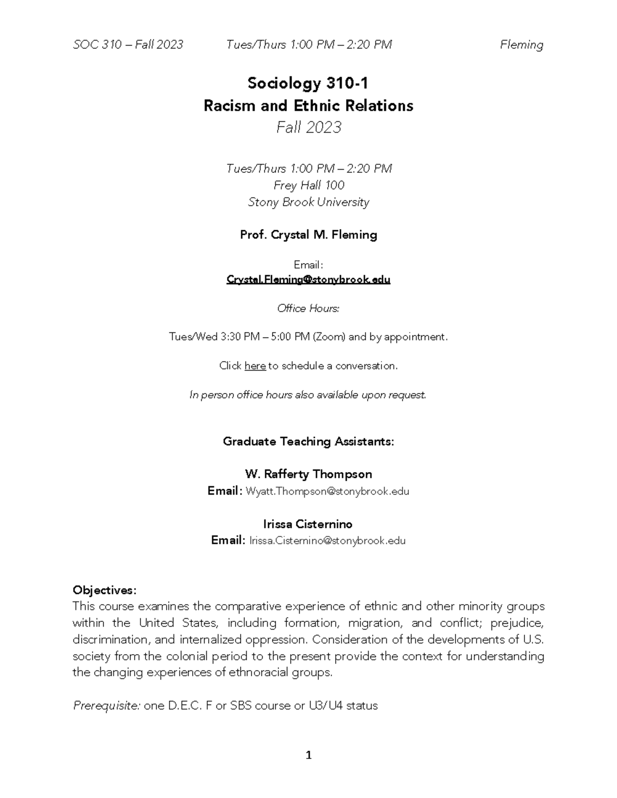 SOC 310 Syllabus Fall 2023 - Sociology 310- Racism and Ethnic Relations ...