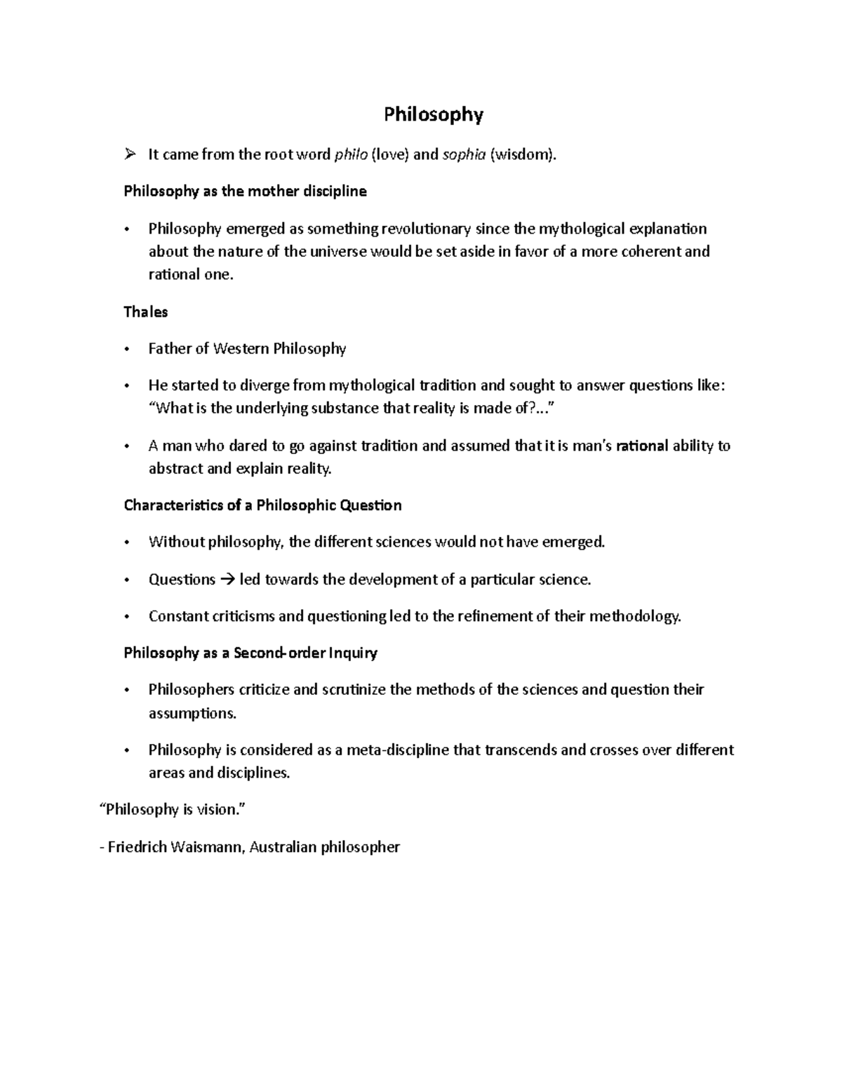 Philosophy - Lecture notes 1 - Philosophy It came from the root word ...