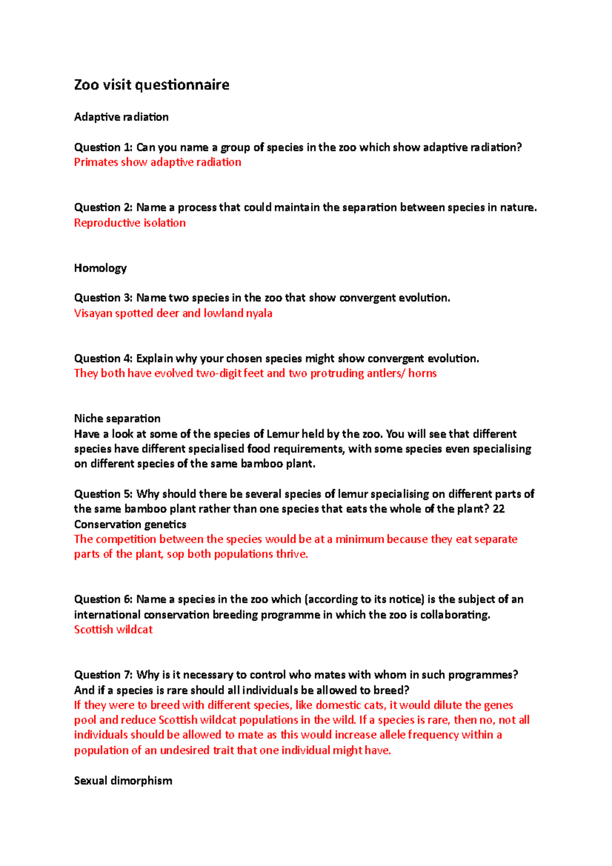 Zoo questionnaire - Zoo visit questionnaire Adaptive radiation Question 1: Can you name a group ...