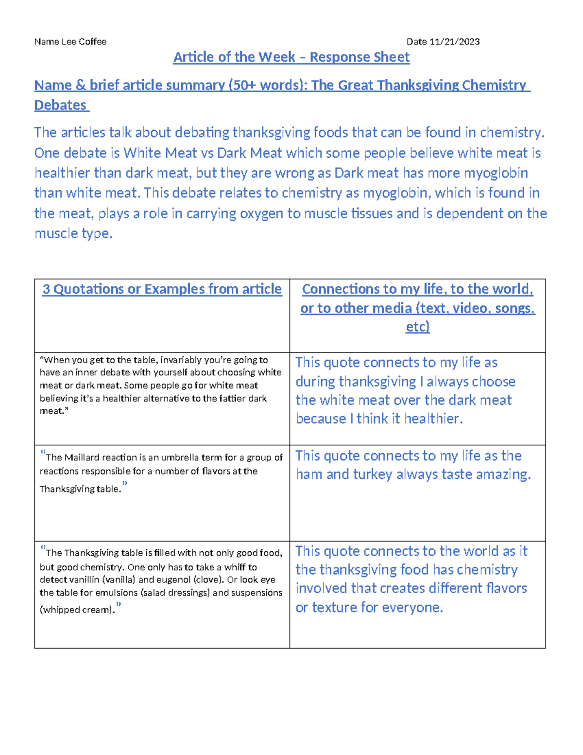Article of the Week Response Sheet - Name Lee Coffee Date 11/21 ...