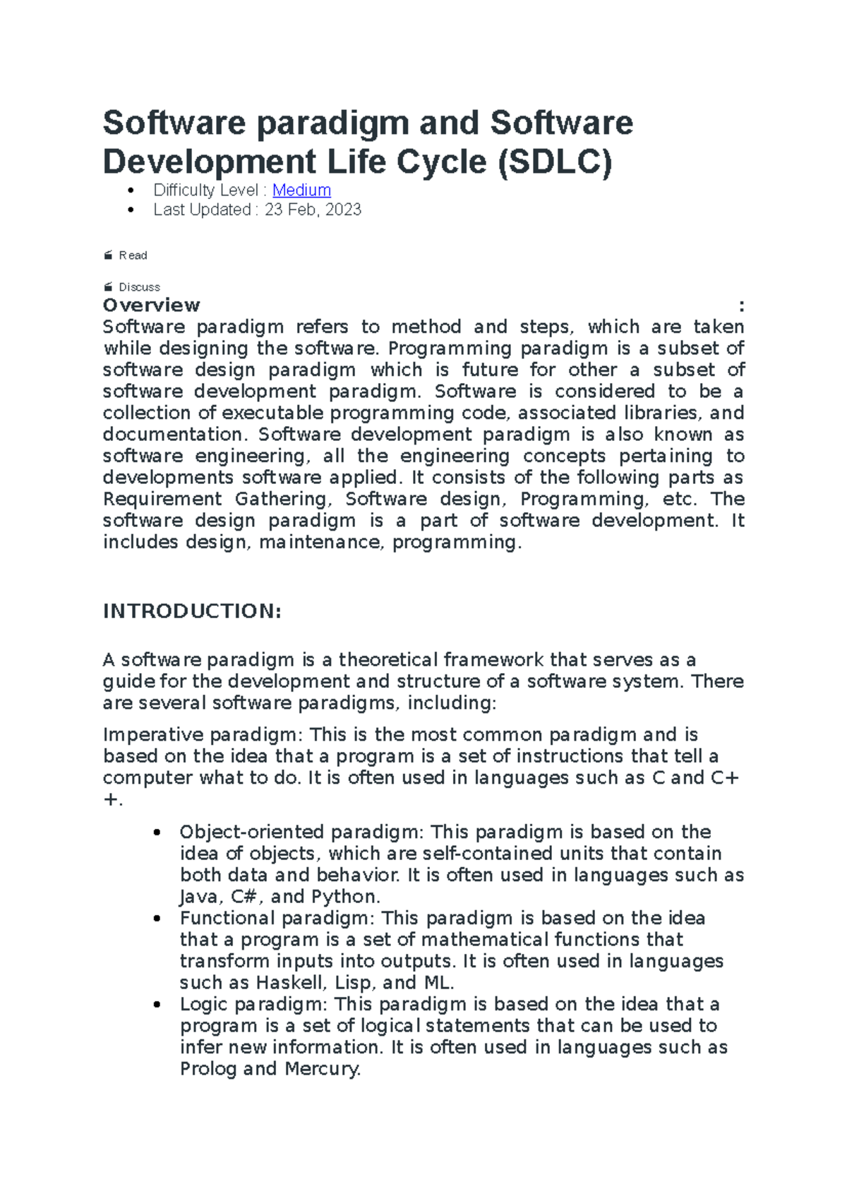 Software ENGI - assignment research - Software paradigm and Software Development Life Cycle ...