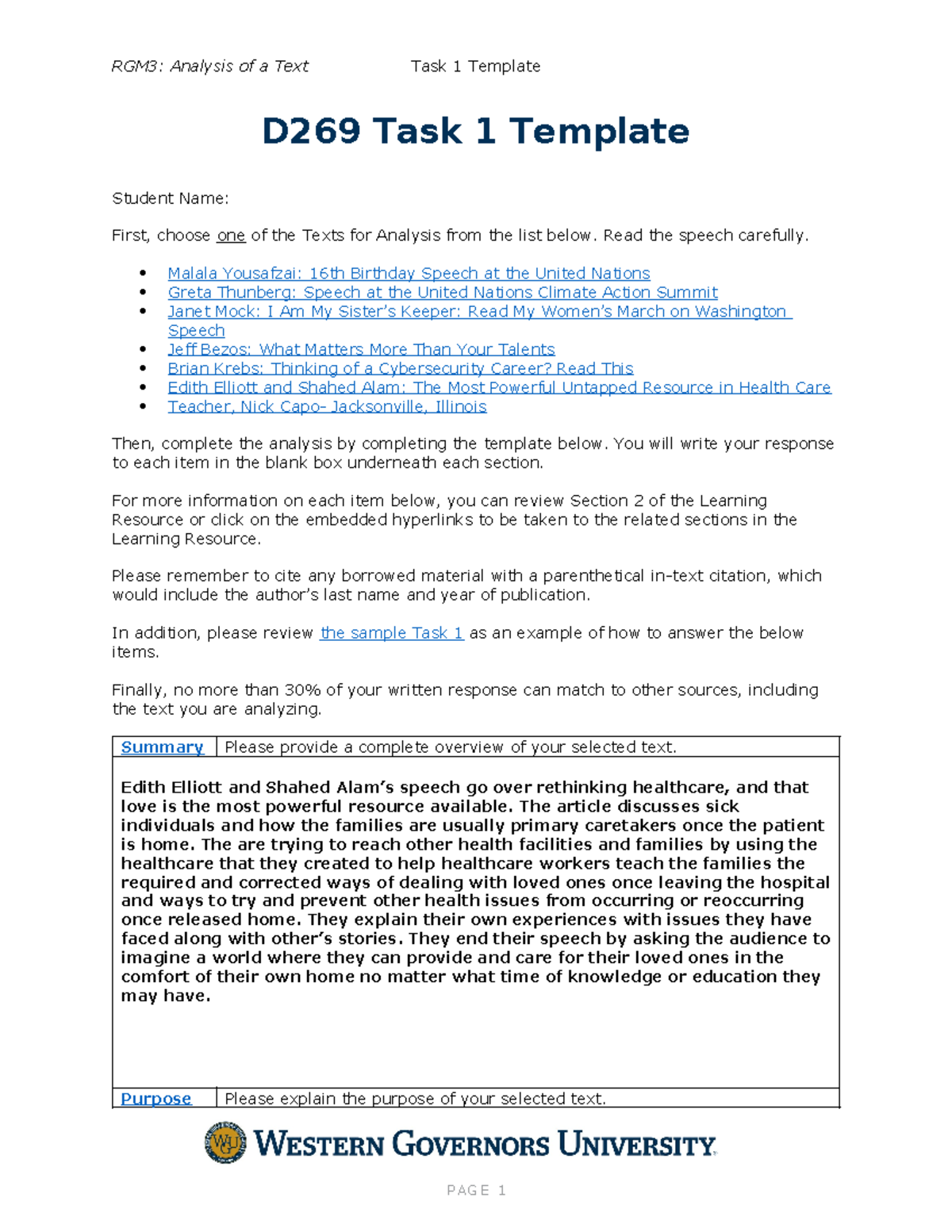 course 1 Task 1 - RGM3: Analysis of a Text Task 1 Template D269 Task 1 Template Student Name ...