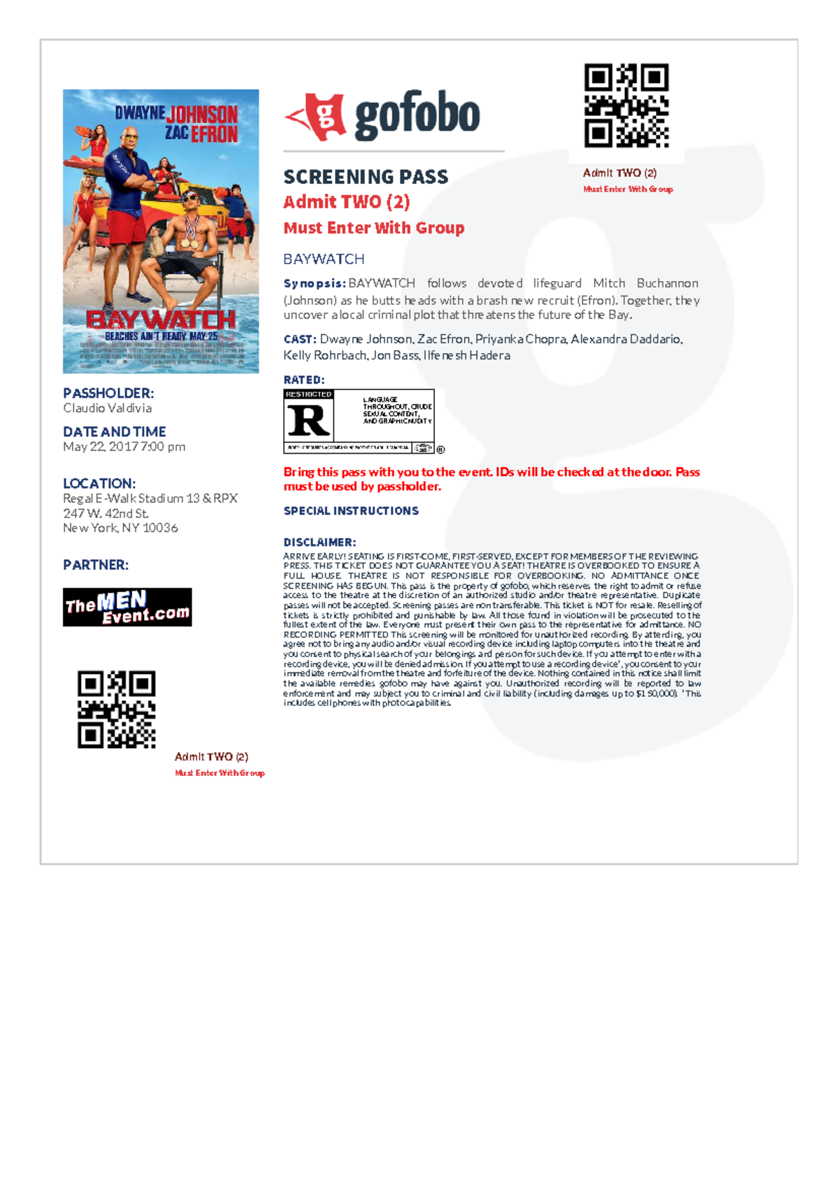 Screening Passes - Baywatch - Admit TWO (2) SCREENING PASS Must Enter ...