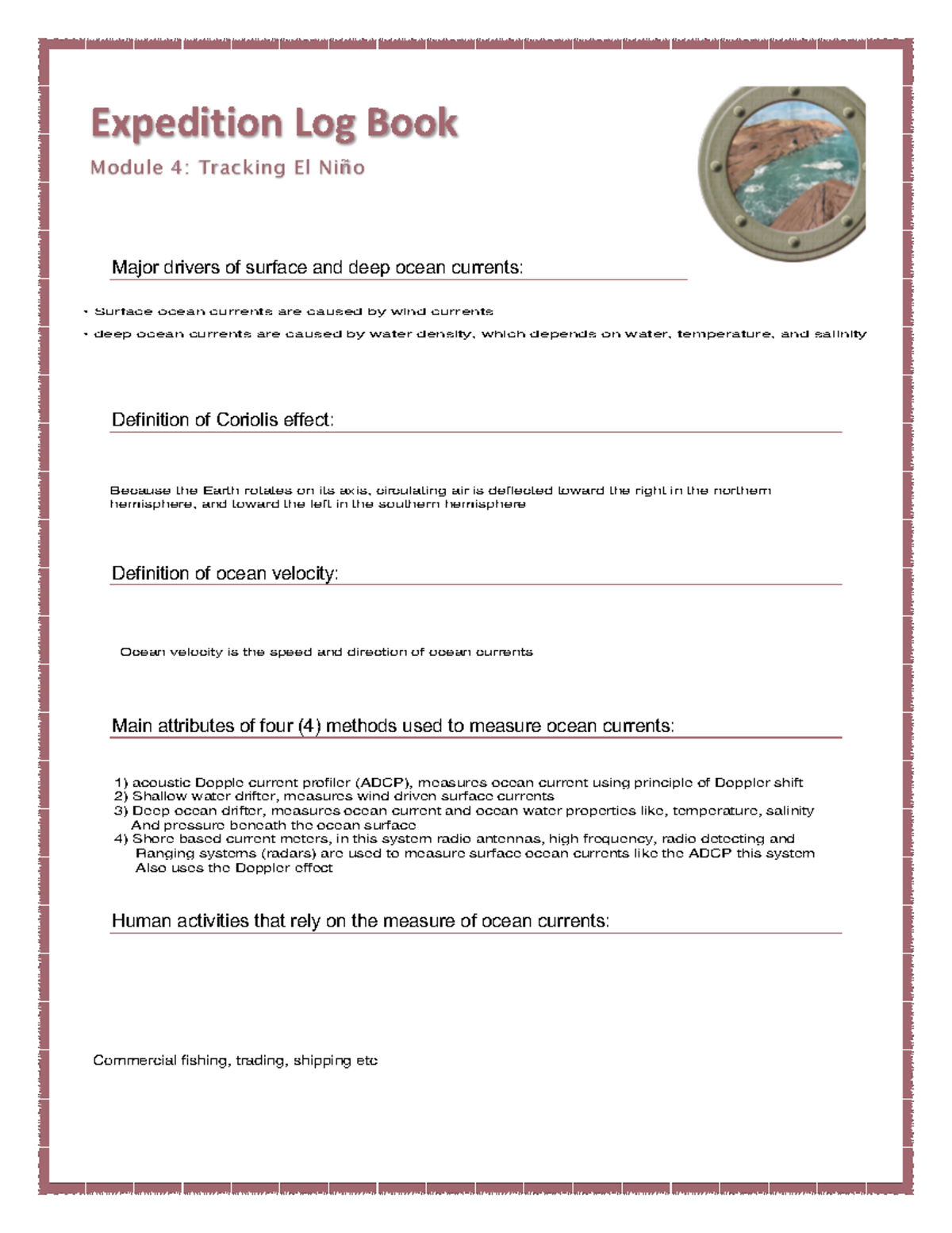Ocsc 1000 - Log Book 4 - Expedition Log Book Module 4 : Tracking El Niño Module 4 Expedition ...