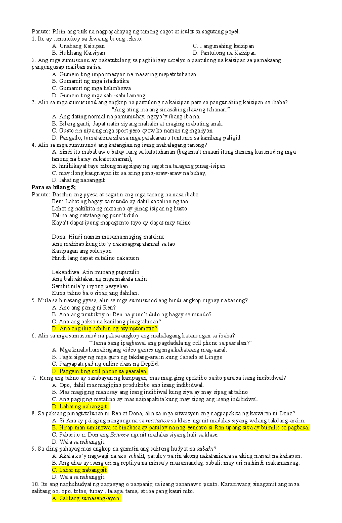 summative test in filipino 8 - Panuto: Piliin ang titik na nagpapahayag ...